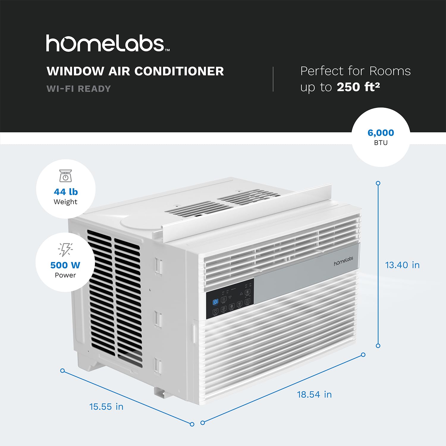 hOmeLabs 6,000 BTU Window Air Conditioner with Smart Control β Low Noise AC Unit with Eco Mode, LED Control Panel, Remote Control, and 24 hr Timer