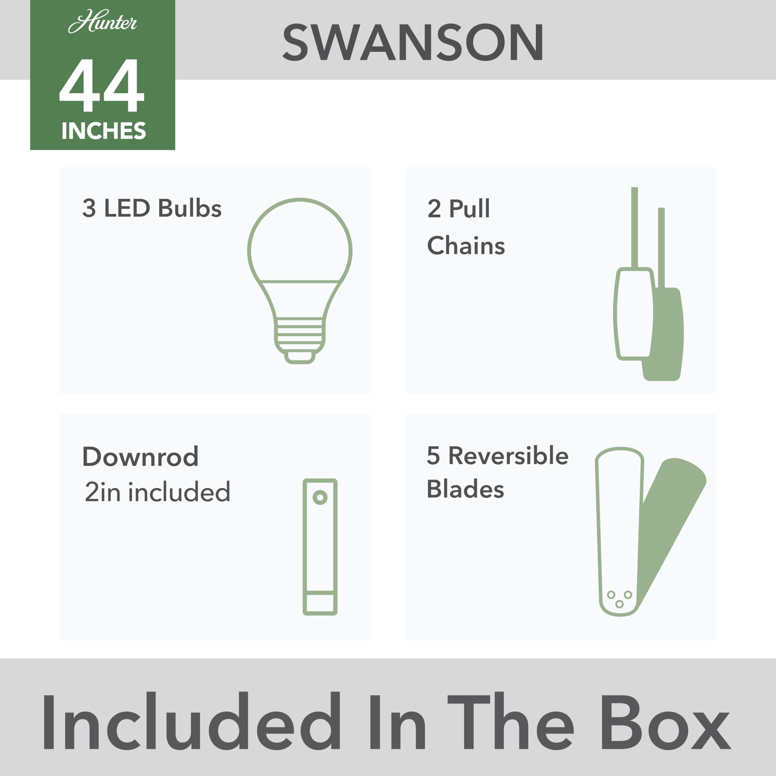 Hunter Swanson Indoor Ceiling Fan with LED Lights and Pull Chain Control, 44", Fresh White