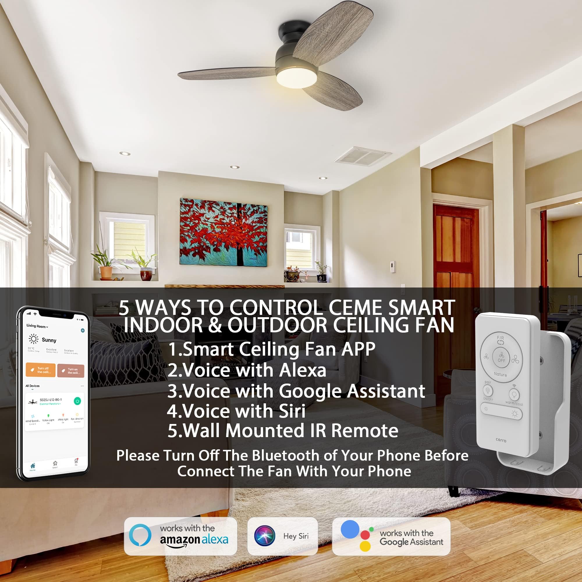 Ceiling Fan with Lights, Indoor & Outdoor Ceiling Fan,48" Low Profile DC Smart Ceiling Fan Works with Alexa, Siri, Google Home & Smart APP, 2 Colors of Reversible Blades, Dark Walnut & Light Wood