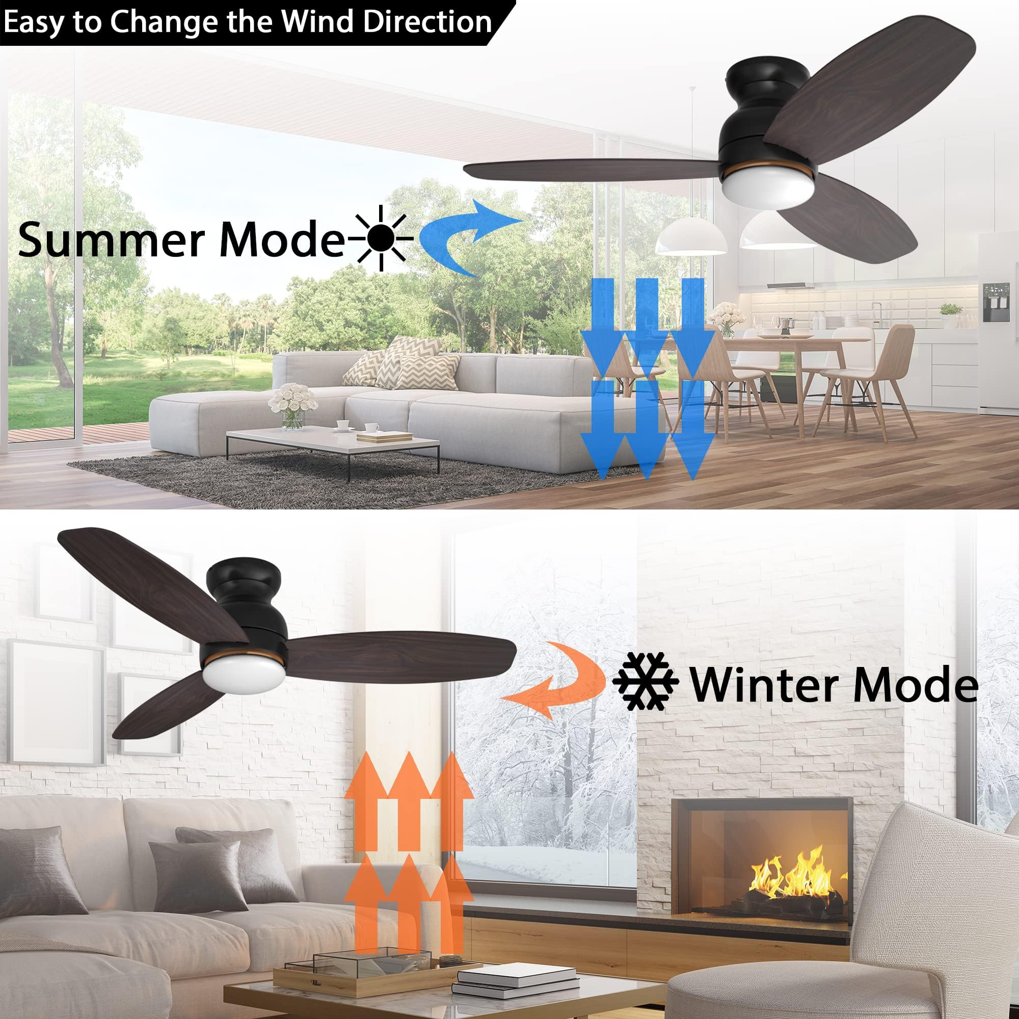 Ceiling Fan with Lights, Indoor & Outdoor Ceiling Fan,48" Low Profile DC Smart Ceiling Fan Works with Alexa, Siri, Google Home & Smart APP, 2 Colors of Reversible Blades, Dark Walnut & Light Wood