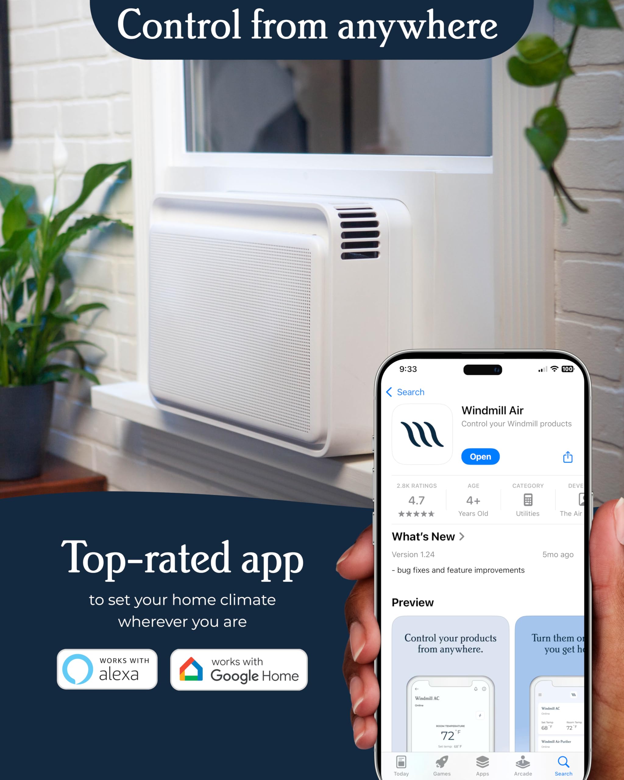 Windmill Air Conditioner: Smart Home AC - Easy to Install - Quiet - Energy Star Efficient - Side Insulation - Auto-Dimming LED Display - App and Voice-Enabled - 8,300 BTU