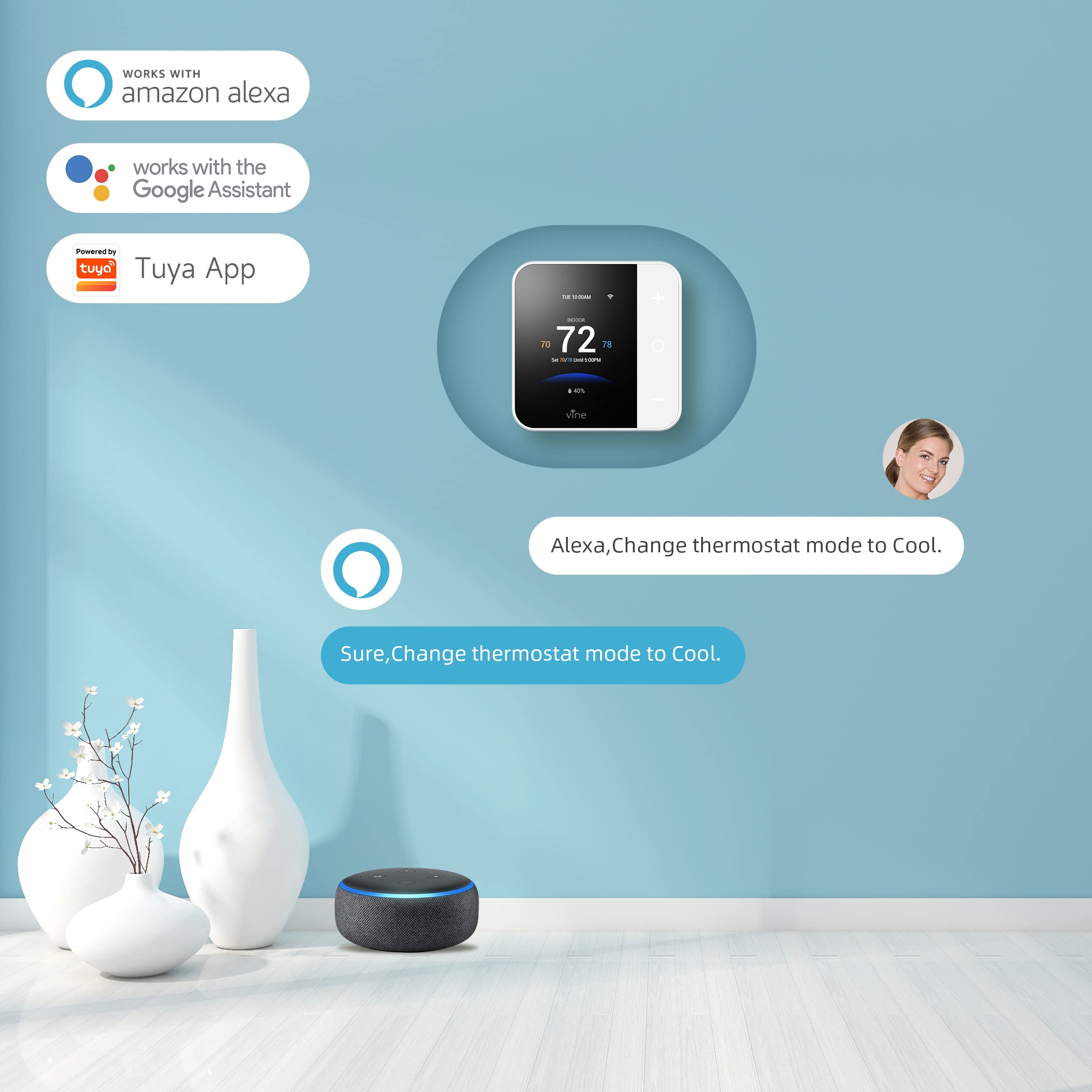 Vine Wi-Fi 7day & 8 Period Programmable Smart Home Thermostat - Wi-Fi TJ-919E, Compatible with Alexa & Google Assistant - 6th Gen…