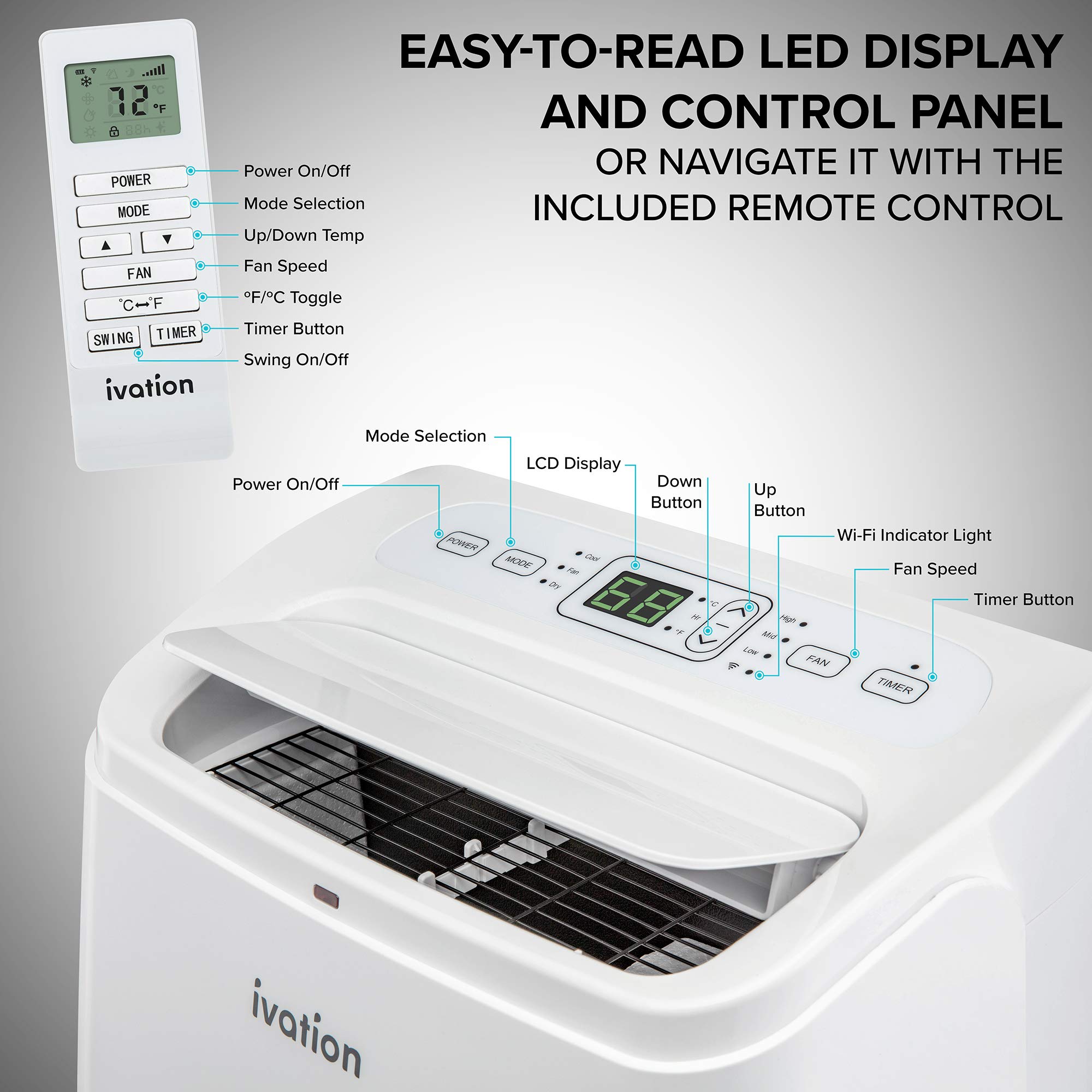 Ivation 13,000 BTU Portable Air Conditioner with Wi-Fi for Rooms Up to 500 Sq Ft (8,500 BTU SACC) 3-in-1 Smart App Control Cooling System, Dehumidifier and Fan with Remote, Exhaust Hose & Window Kit