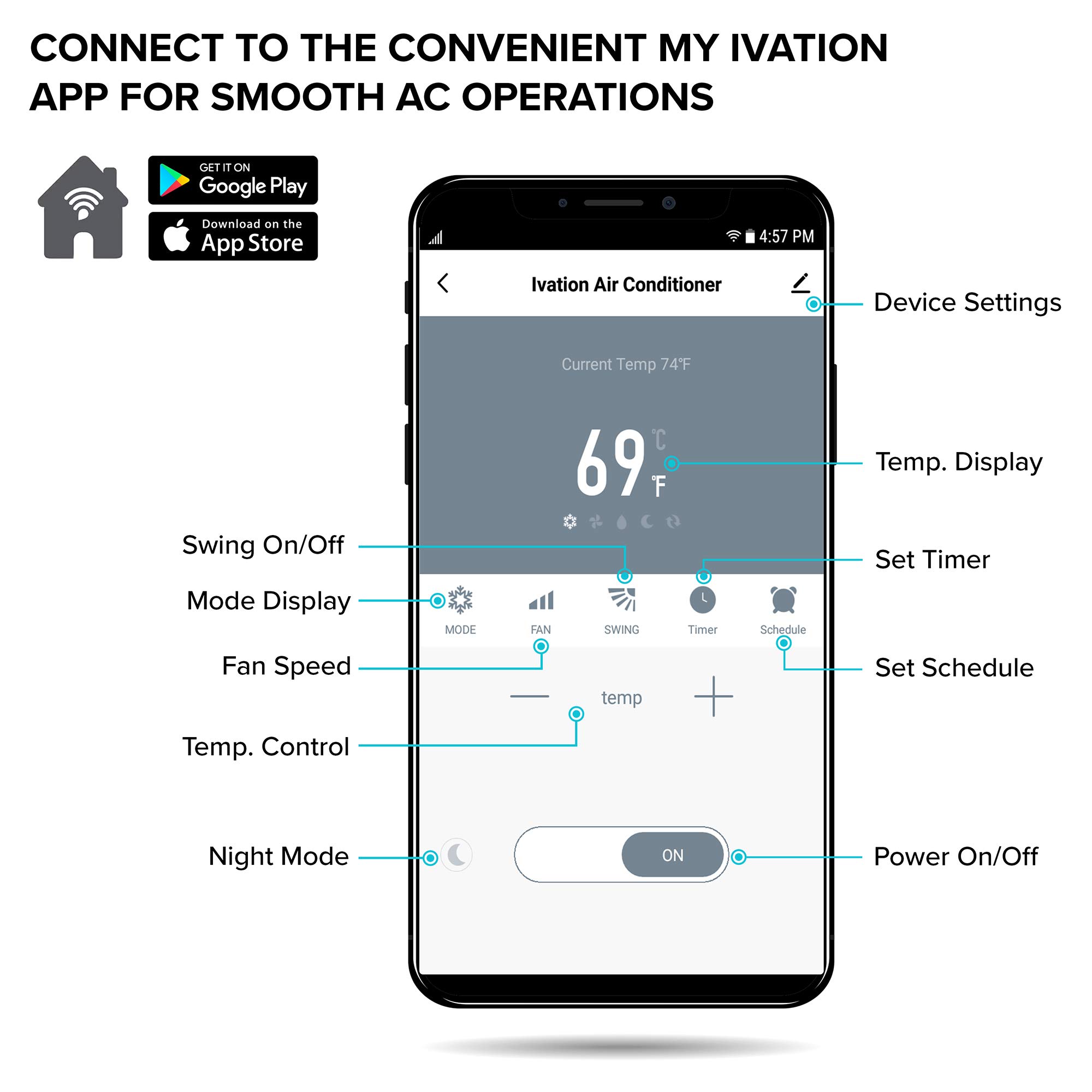 Ivation 13,000 BTU Portable Air Conditioner with Wi-Fi for Rooms Up to 500 Sq Ft (8,500 BTU SACC) 3-in-1 Smart App Control Cooling System, Dehumidifier and Fan with Remote, Exhaust Hose & Window Kit