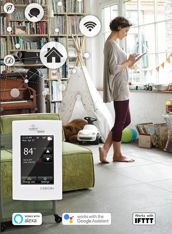 nVent NUHEAT SIGNATURE Programmable WiFi Dual-Voltage Floor Heating Thermostat with Touchscreen Interface, Compatible with Alexa, Google Assistant, nest and IFTTT