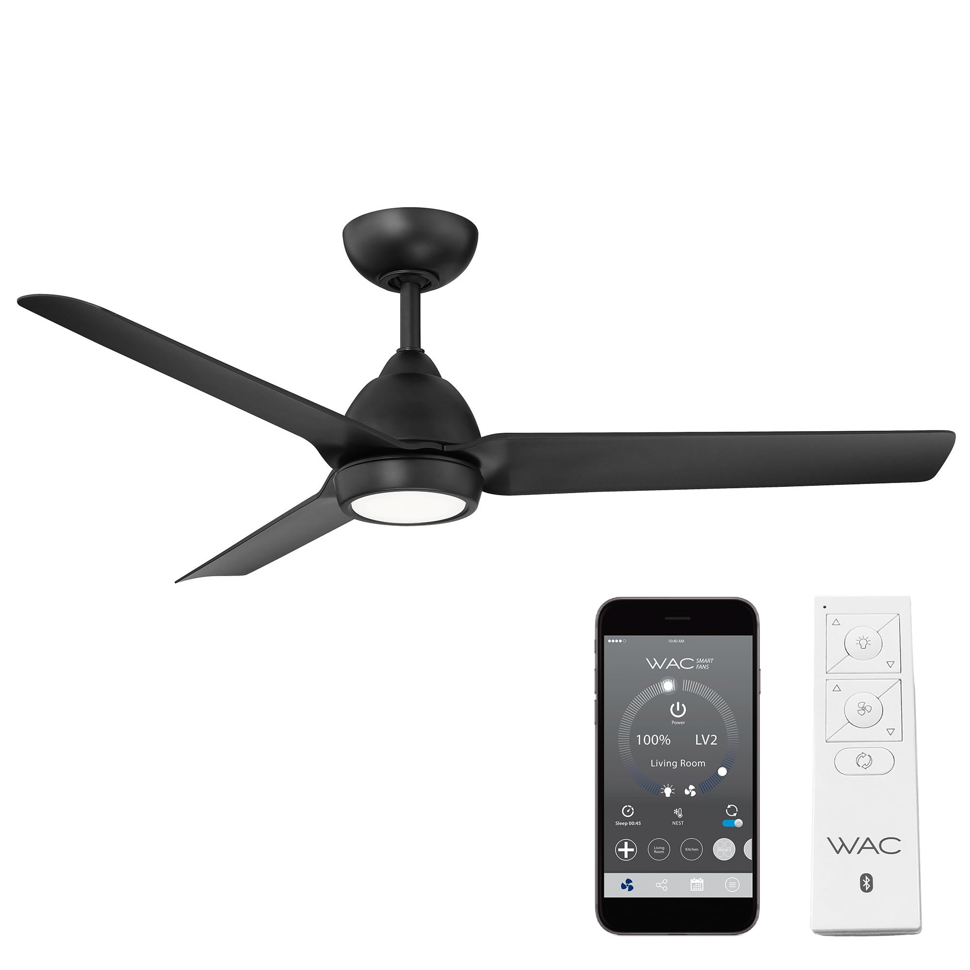 WAC Smart Fans Mocha Indoor and Outdoor 3-Blade Ceiling Fan 54in Matte Black with 3000K LED Light Kit and Remote Control works with Alexa and iOS or Android App