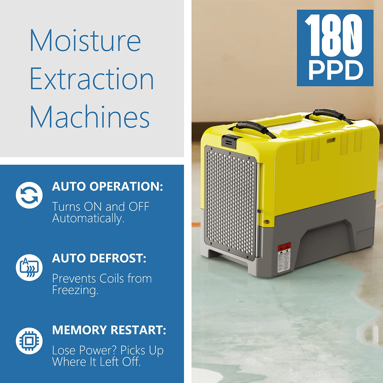 ALORAIR 180PPD Commercial Dehumidifier for Crawl Space & Basement, Wi-Fi APP Controls with Pump, Capacity up to 85 PPD at AHAM Condition, for Large Space, Job Sites, Yellow