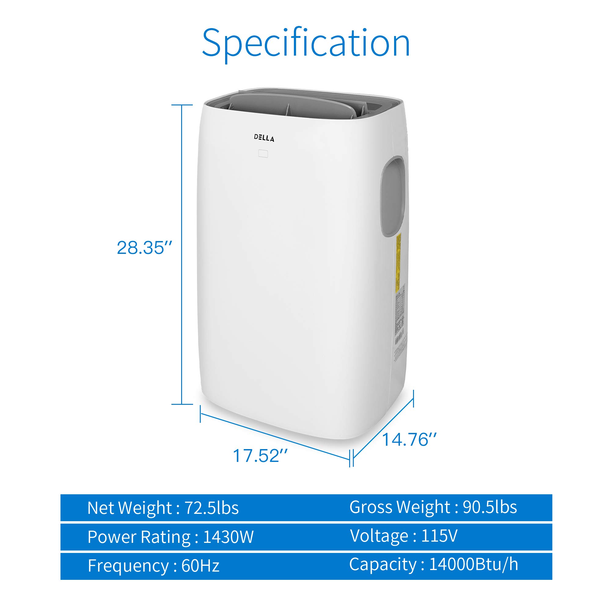DELLA 14000 BTU Smart WiFi Enabled Portable Air Conditioner, Freestanding Indoor Electric Fan Dehumidifier Unit on Wheels W/Remote Control, Window Kit, Cools Up to 700 Sq. Ft.