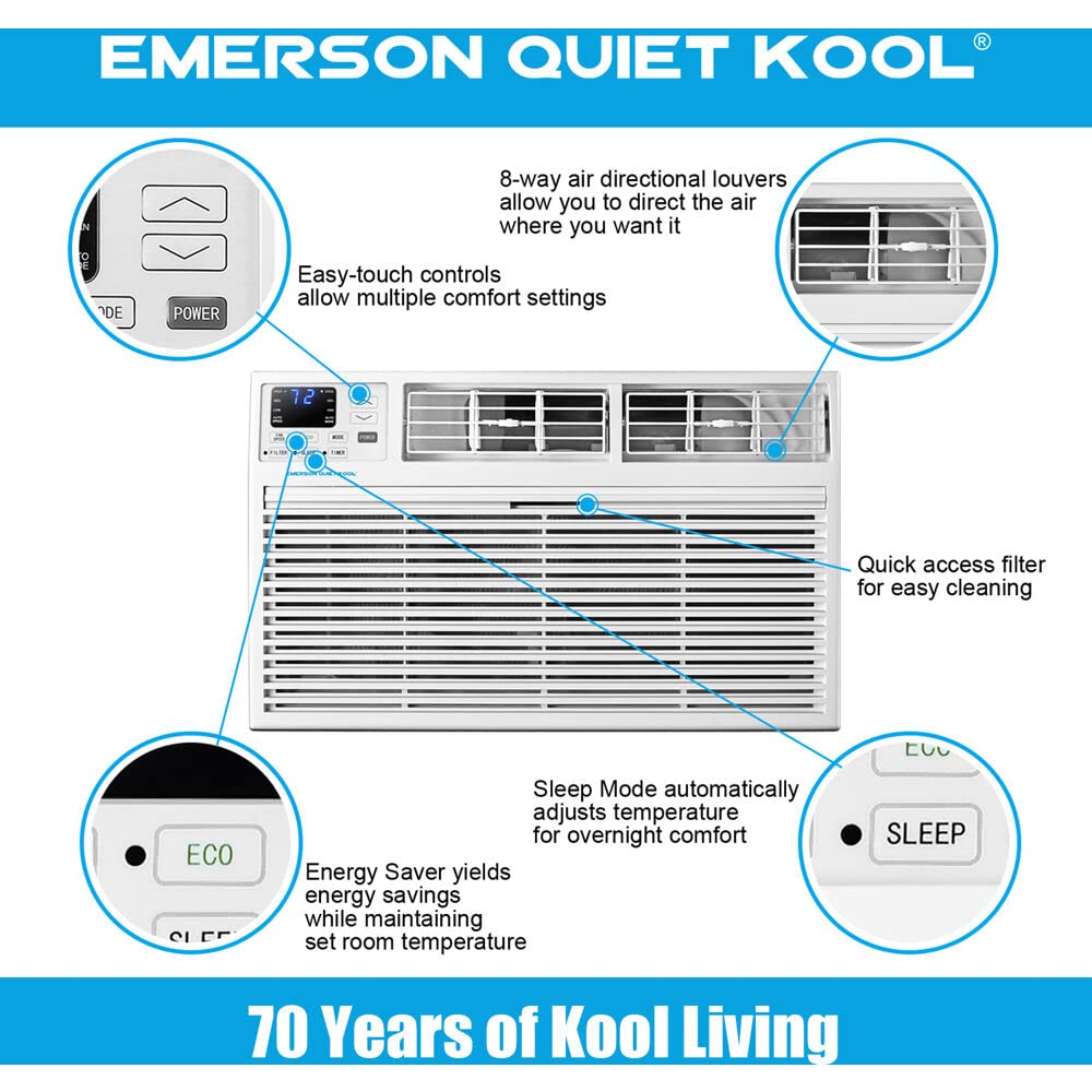 Emerson Quiet Kool 12,000 BTU 230V Through-The-Wall Air Conditioner with Remote Control | 4-in-1 AC, Heater, Dehumidifer, Fan | for Rooms up to 550 Sq.Ft. | 24H Timer | EATE12RD2T, 12000, White