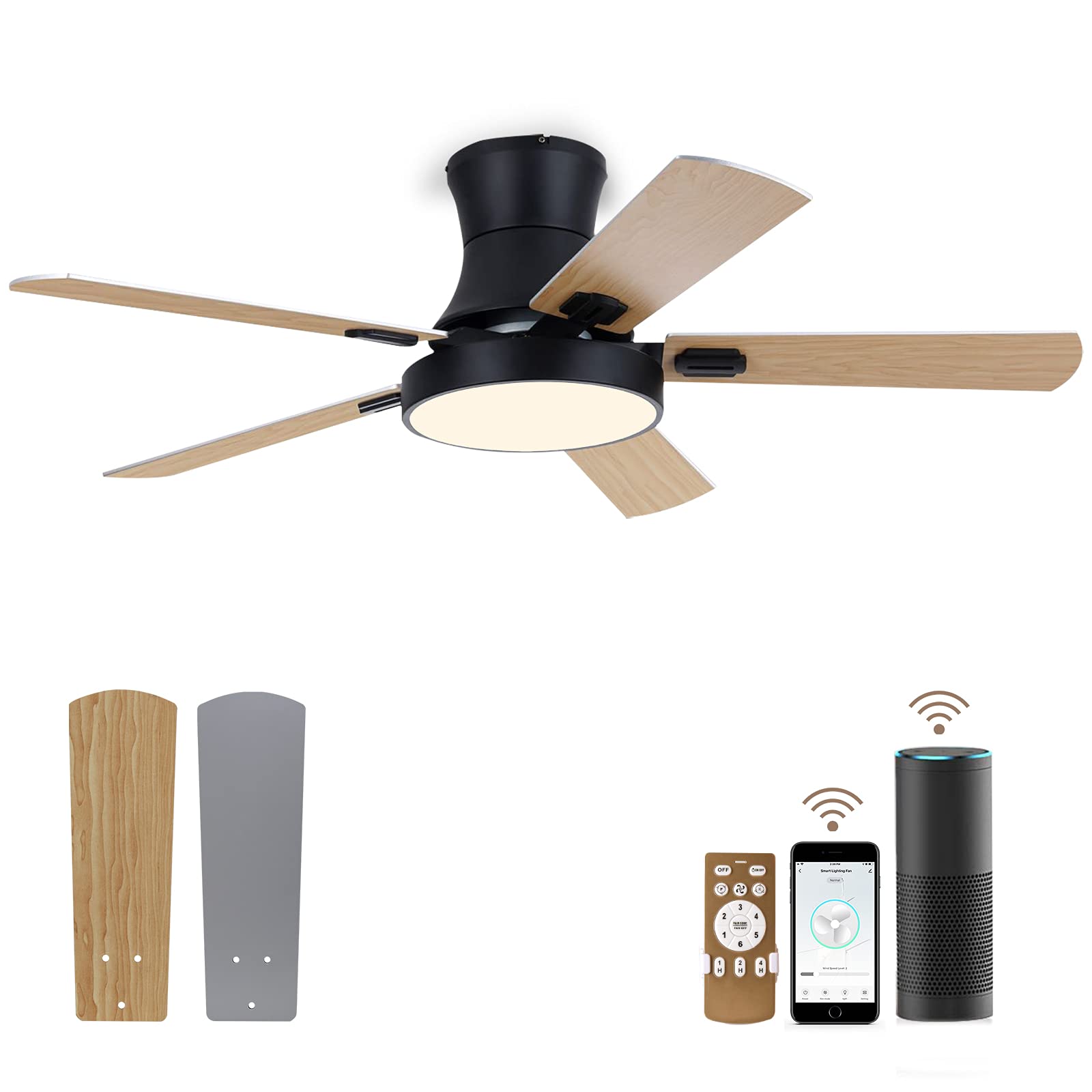 Avatar Controls Smart 50 inch Ceiling Fans Indoor with Light Remote Works with Alexa Google Voice, APP and Remote Control for Bedroom, 6 Speeds Reversible DC Motor, 1800LM LED Kit, 5 Wooden Blades