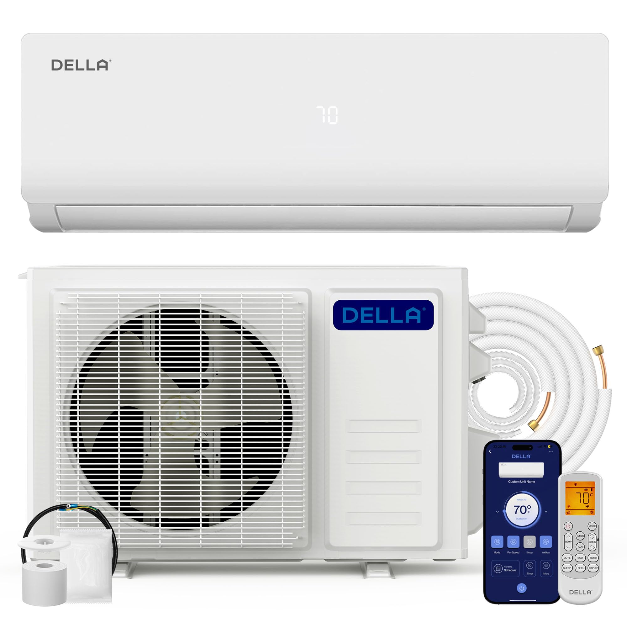 DELLA 12000 BTU Mini Split Air Conditioner & Heater Ductless Inverter System, 19 SEER 208-230V, 8 HSPF, with 1 Ton Heat Pump, Cools Up to 750 Sq. Ft. Full installation 16.4 ft kit included