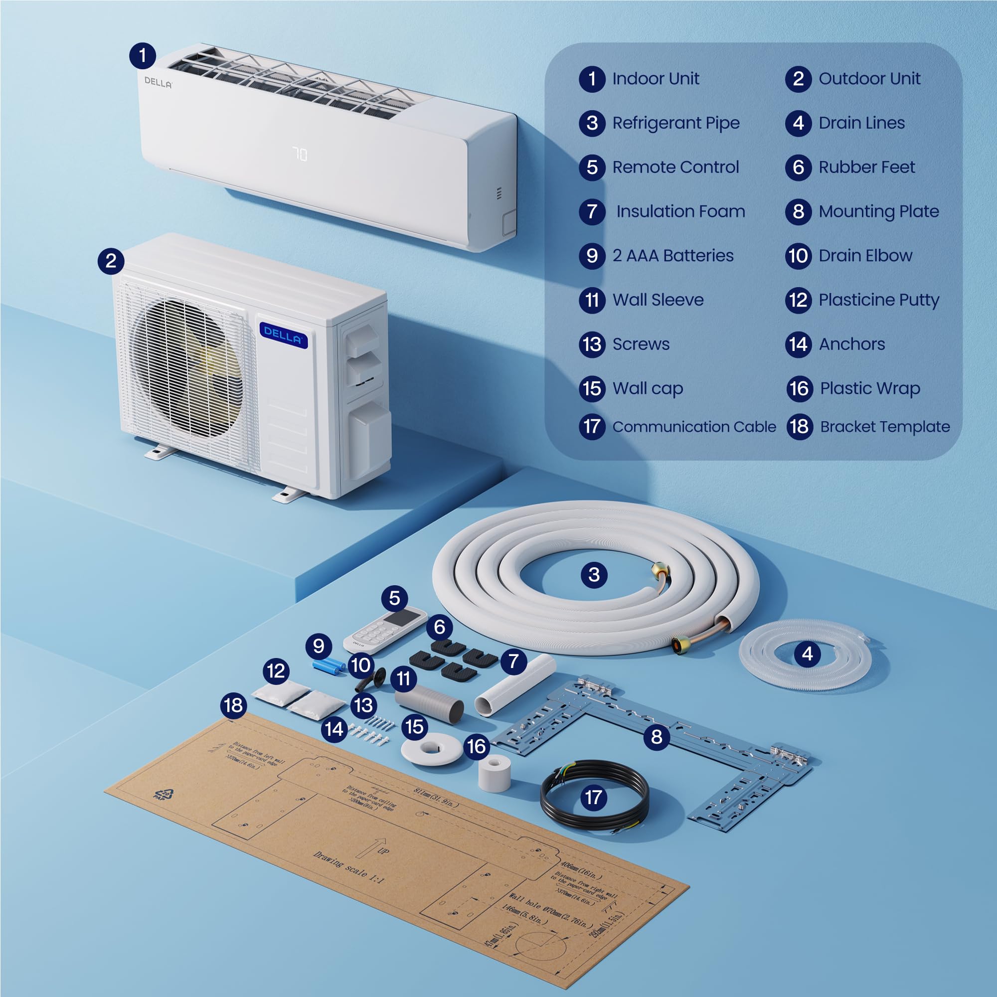 DELLA 12000 BTU Mini Split Air Conditioner & Heater Ductless Inverter System, 19 SEER 208-230V, 8 HSPF, with 1 Ton Heat Pump, Cools Up to 750 Sq. Ft. Full installation 16.4 ft kit included