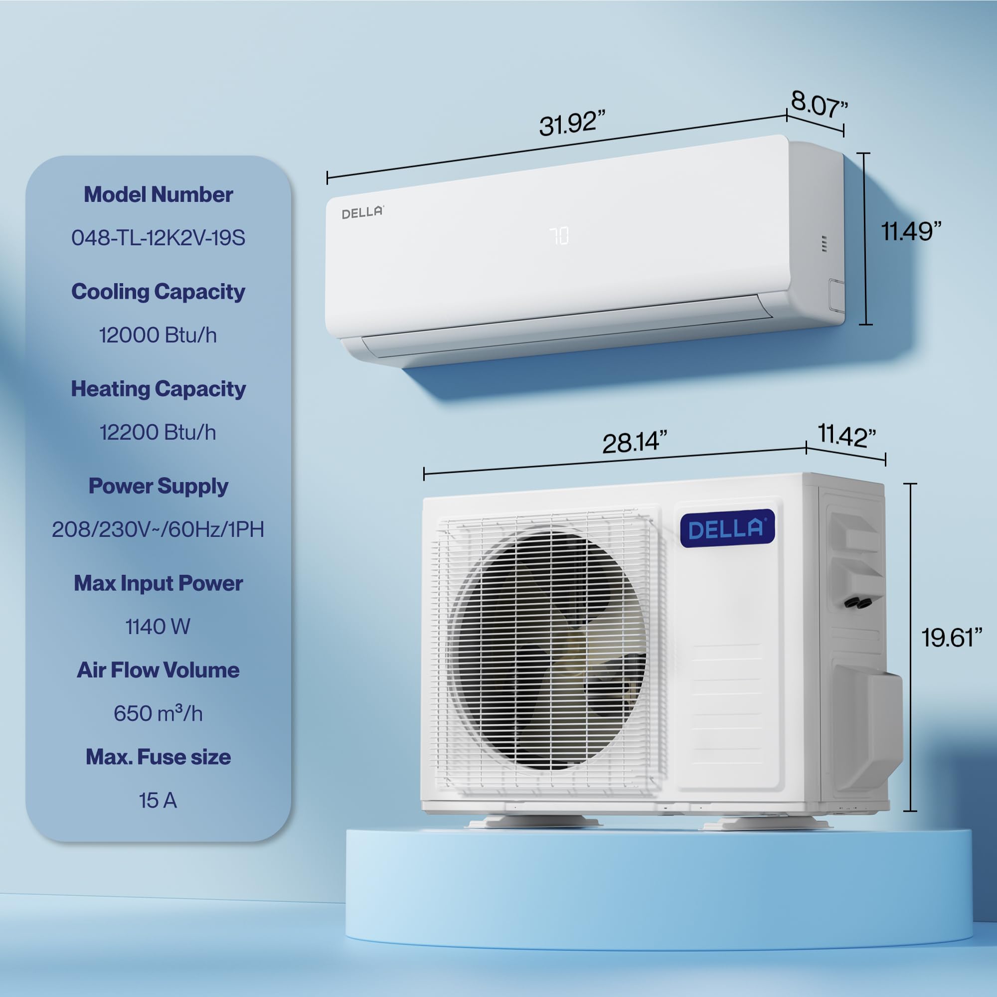 DELLA 12000 BTU Mini Split Air Conditioner & Heater Ductless Inverter System, 19 SEER 208-230V, 8 HSPF, with 1 Ton Heat Pump, Cools Up to 750 Sq. Ft. Full installation 16.4 ft kit included