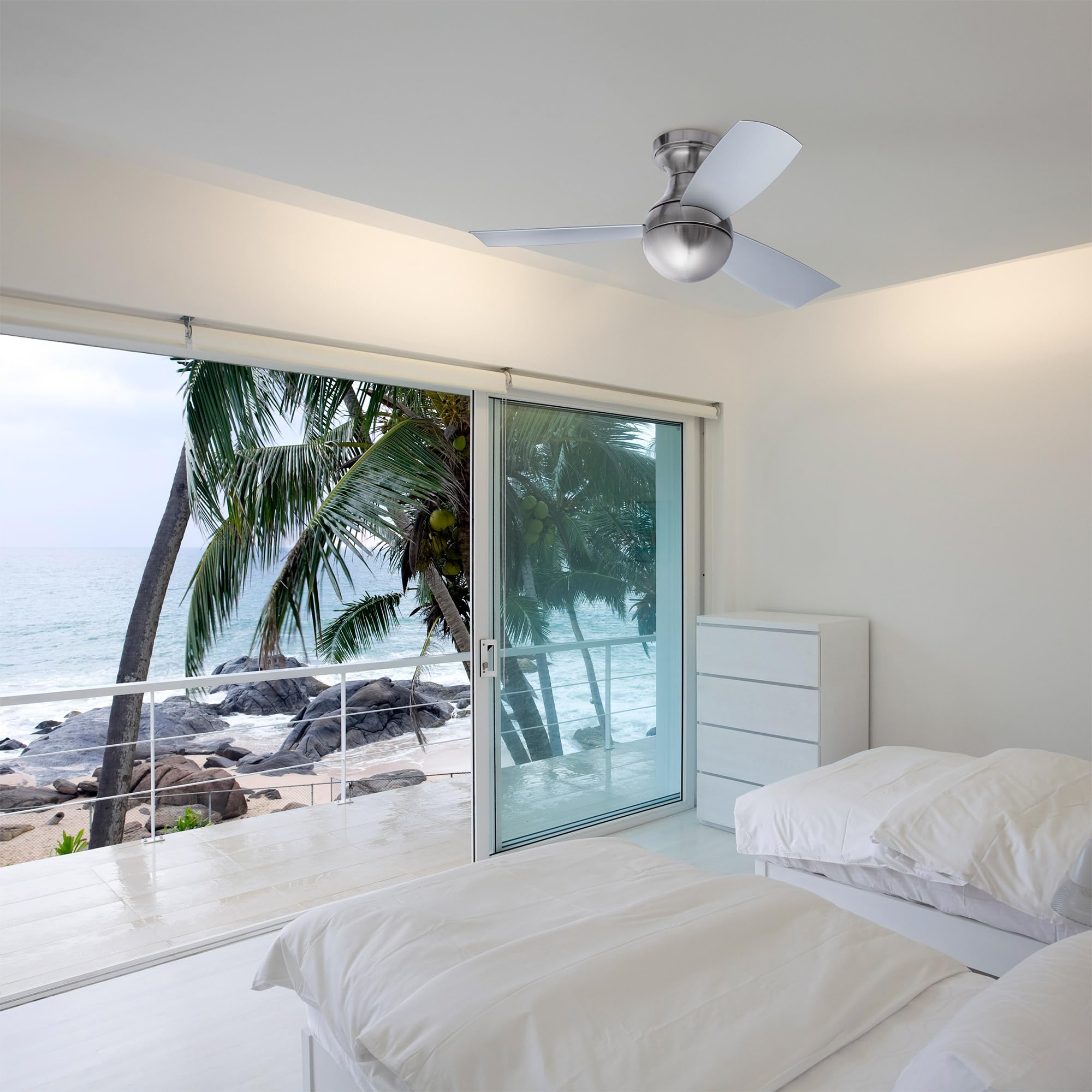 WAC Smart Fans Orb Indoor and Outdoor 3-Blade Flush Mount Ceiling Fan 44in Matte White with 3000K LED Light Kit and Remote Control works with Alexa and iOS or Android App