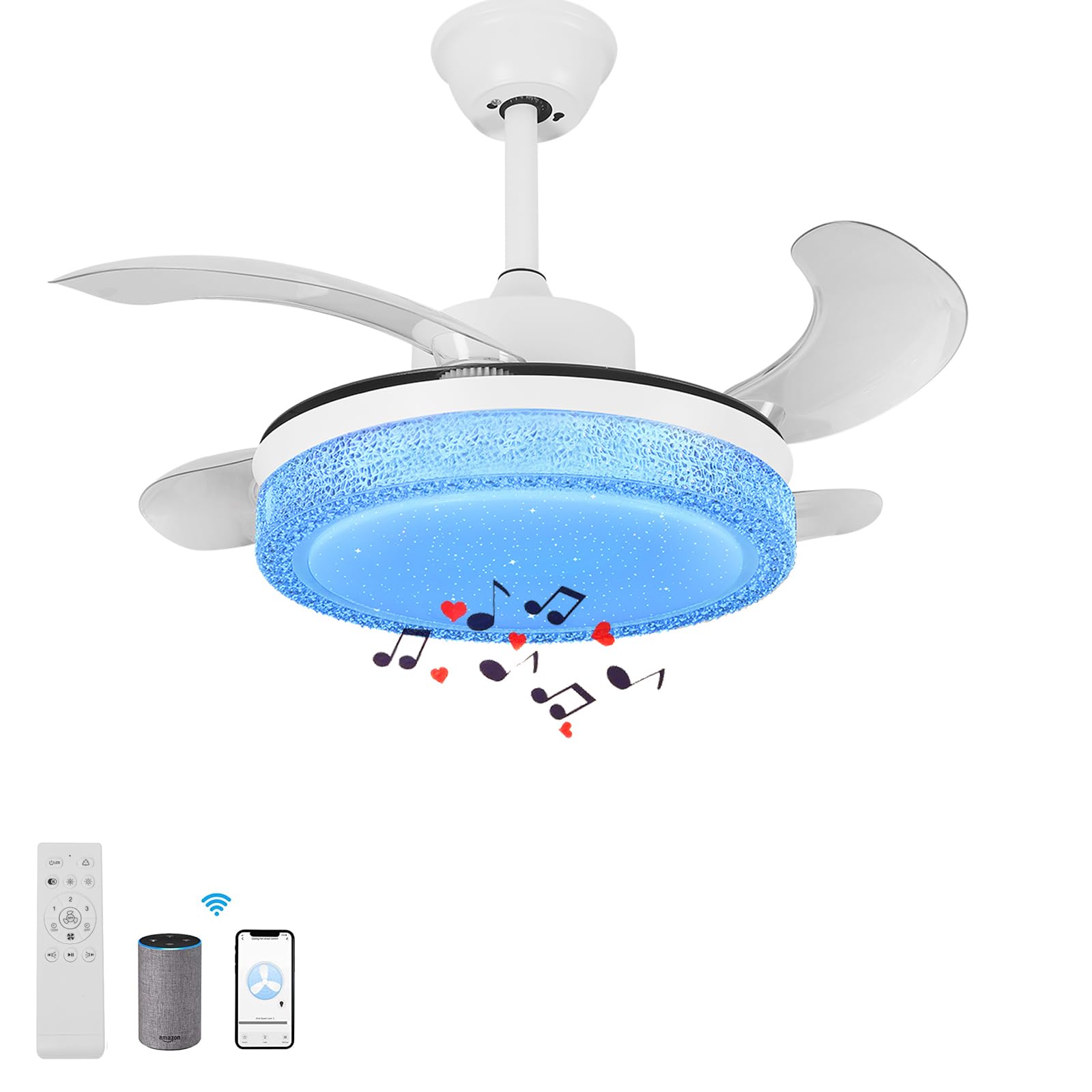 HOREVO Retractable ceiling fans with lights and Bluetooth speaker 42 Inch Fandelier Invisible Blades Chandelier Fan Color Changing Dimmable Hidden Bluetooth Ceiling Fan with lights with remote