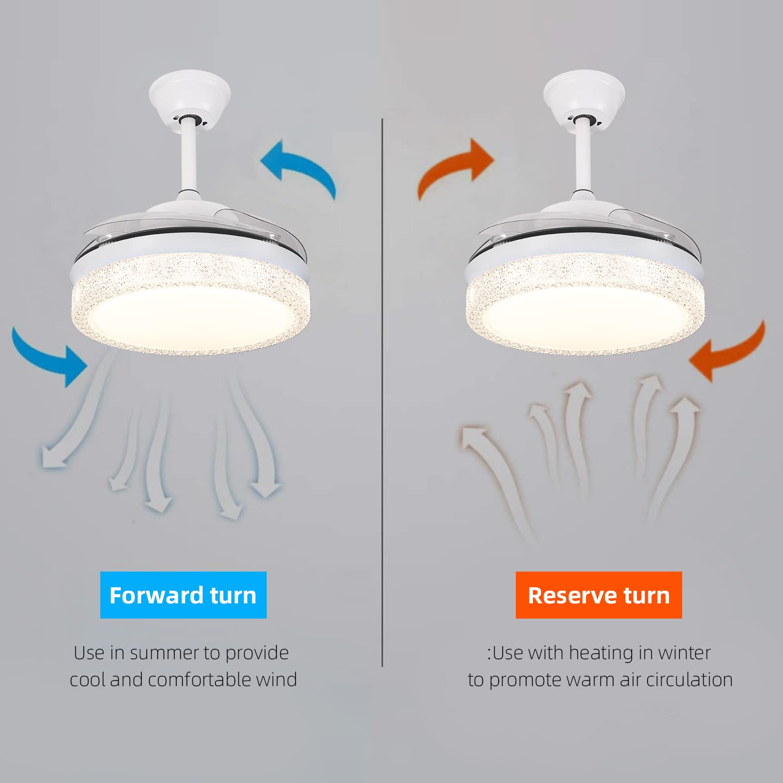 HOREVO Retractable ceiling fans with lights and Bluetooth speaker 42 Inch Fandelier Invisible Blades Chandelier Fan Color Changing Dimmable Hidden Bluetooth Ceiling Fan with lights with remote