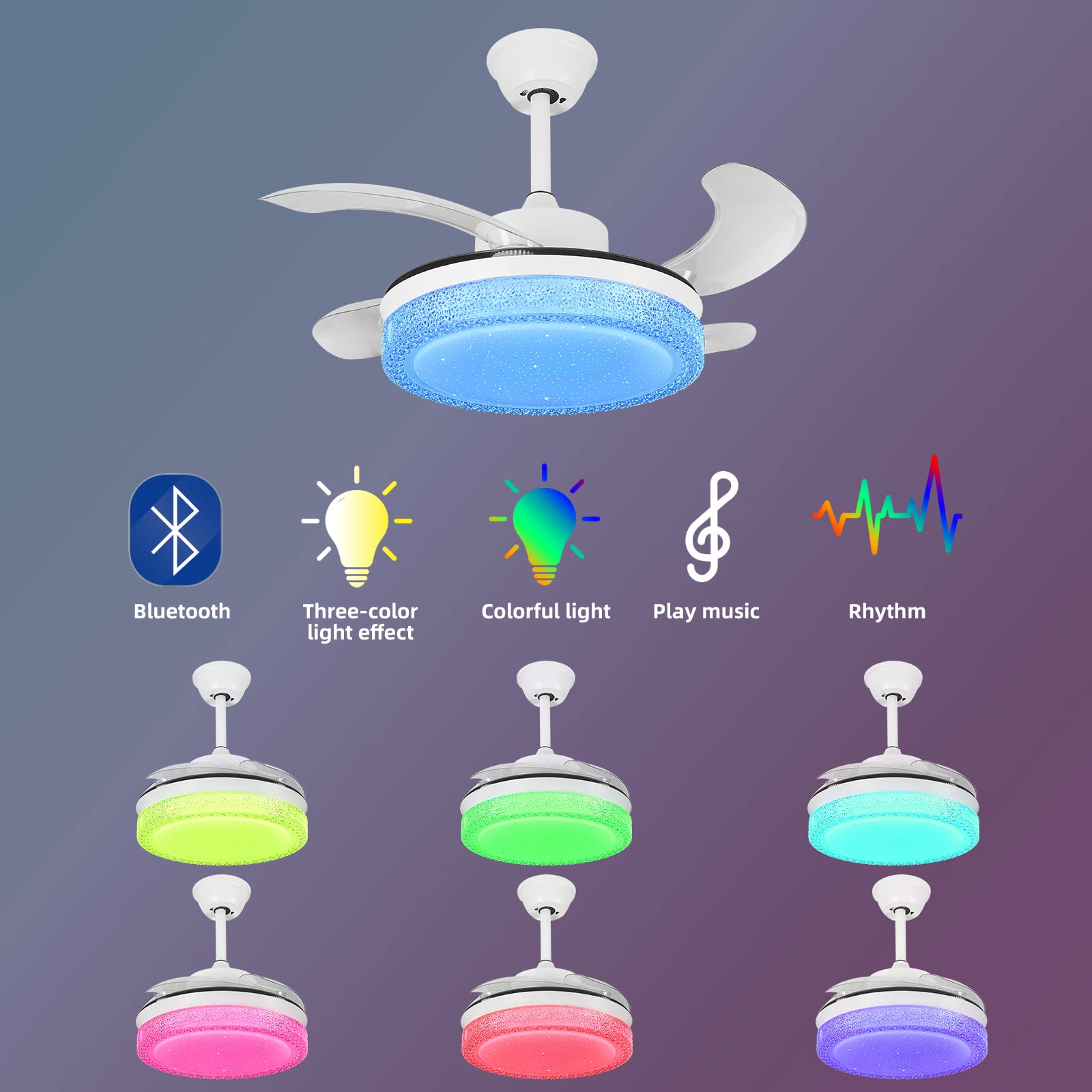HOREVO Retractable ceiling fans with lights and Bluetooth speaker 42 Inch Fandelier Invisible Blades Chandelier Fan Color Changing Dimmable Hidden Bluetooth Ceiling Fan with lights with remote