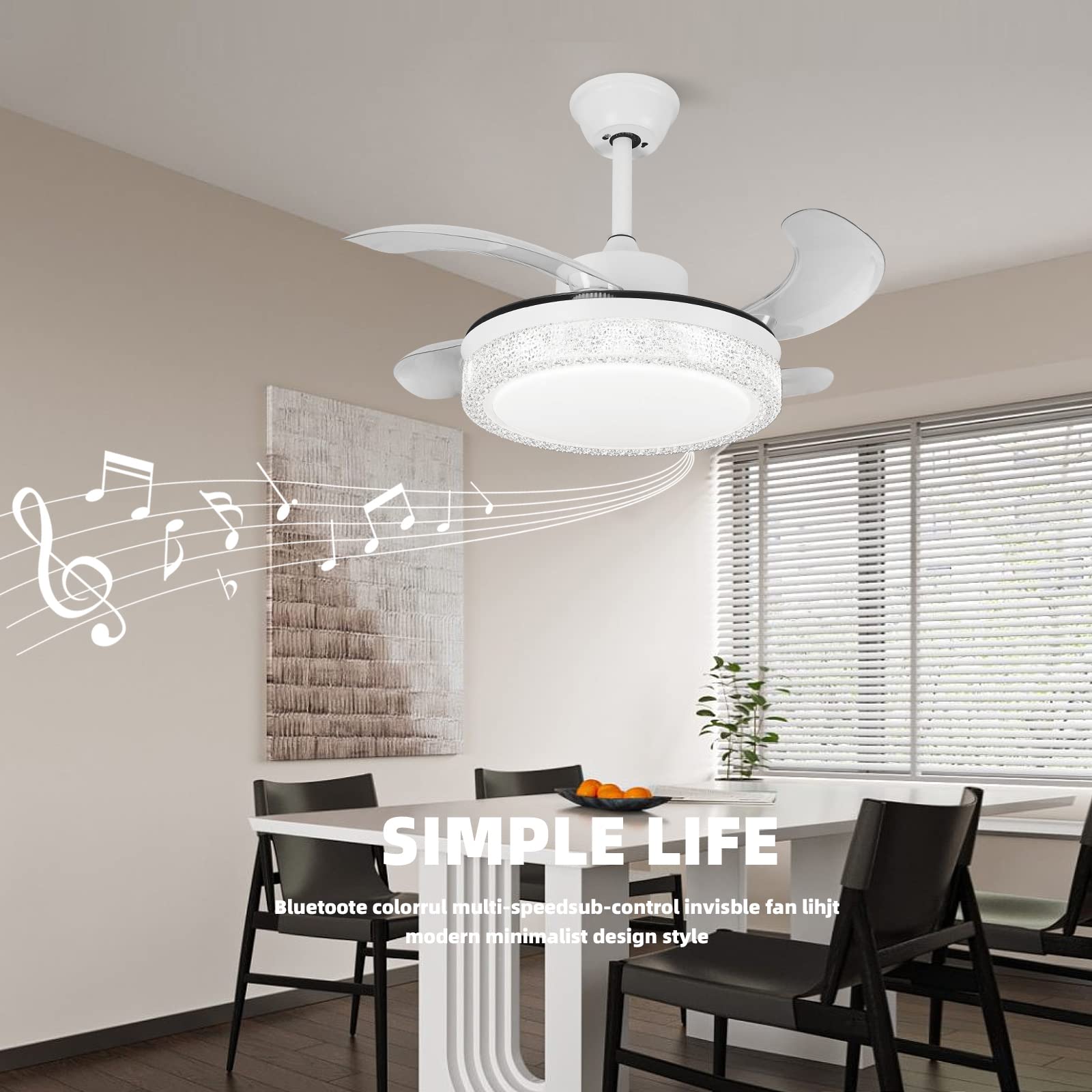 HOREVO Retractable ceiling fans with lights and Bluetooth speaker 42 Inch Fandelier Invisible Blades Chandelier Fan Color Changing Dimmable Hidden Bluetooth Ceiling Fan with lights with remote
