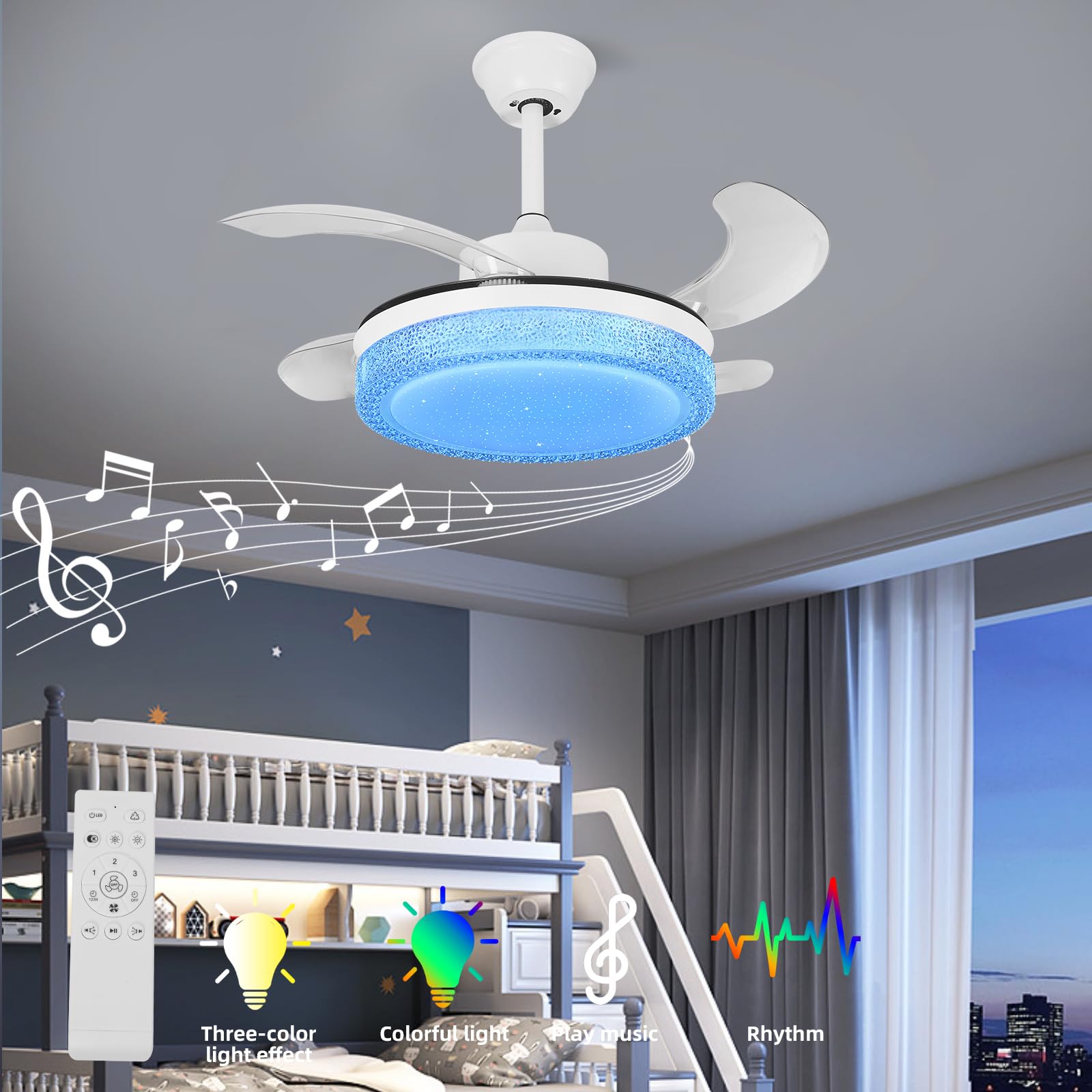HOREVO Retractable ceiling fans with lights and Bluetooth speaker 42 Inch Fandelier Invisible Blades Chandelier Fan Color Changing Dimmable Hidden Bluetooth Ceiling Fan with lights with remote