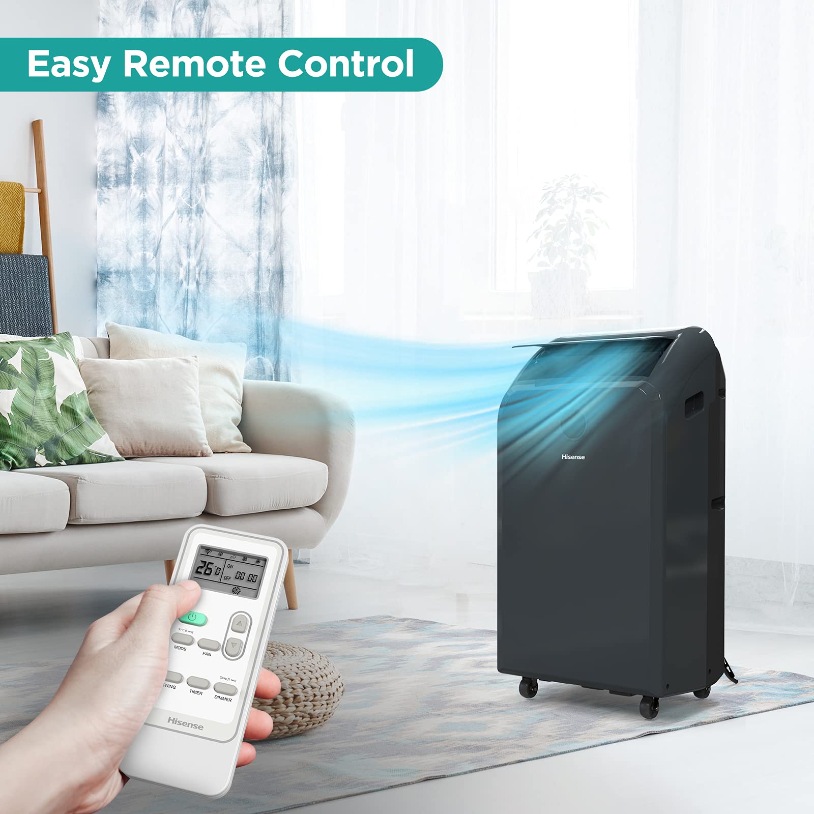 Hisense Portable Air Conditioner 9,000 BTU Cooling Dehumidifier Fan for Rooms up to 400 sq.ft, Remote Control, Long Distance Air Flow, Black