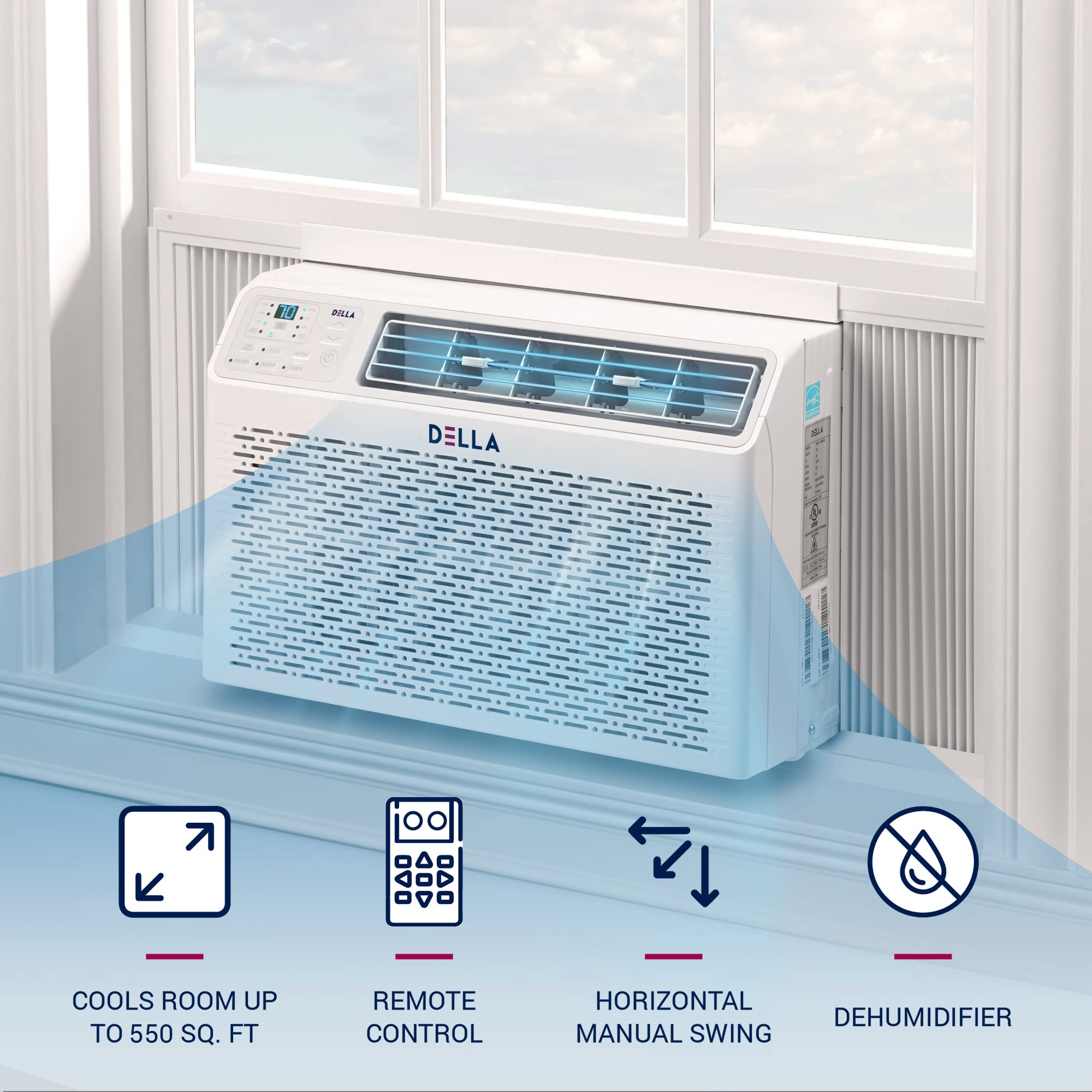 DELLA 12000 BTU 115V/60Hz Energy Saving Window Air Conditioner, Whisper Quiet AC Unit with Smart Controls, Remote, Dehumidifier, Fan, Cools Up to 450 Square Feet