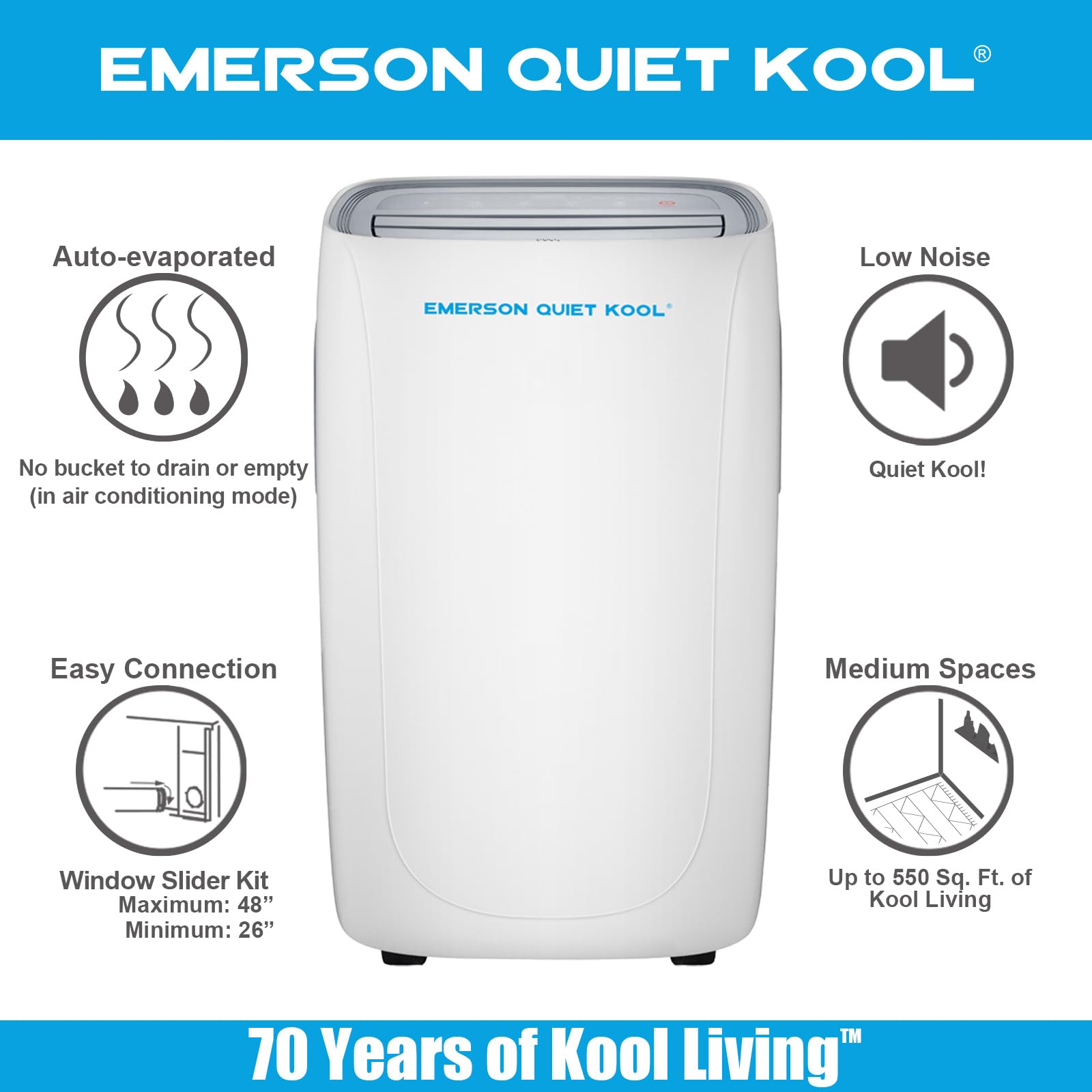 Emerson Quiet Kool EAPE14RSD1 SMART Heat/Cool Wi-Fi and Voice 550-Sq. Ft Portable Air Conditioner with Remote Control for Rooms, White
