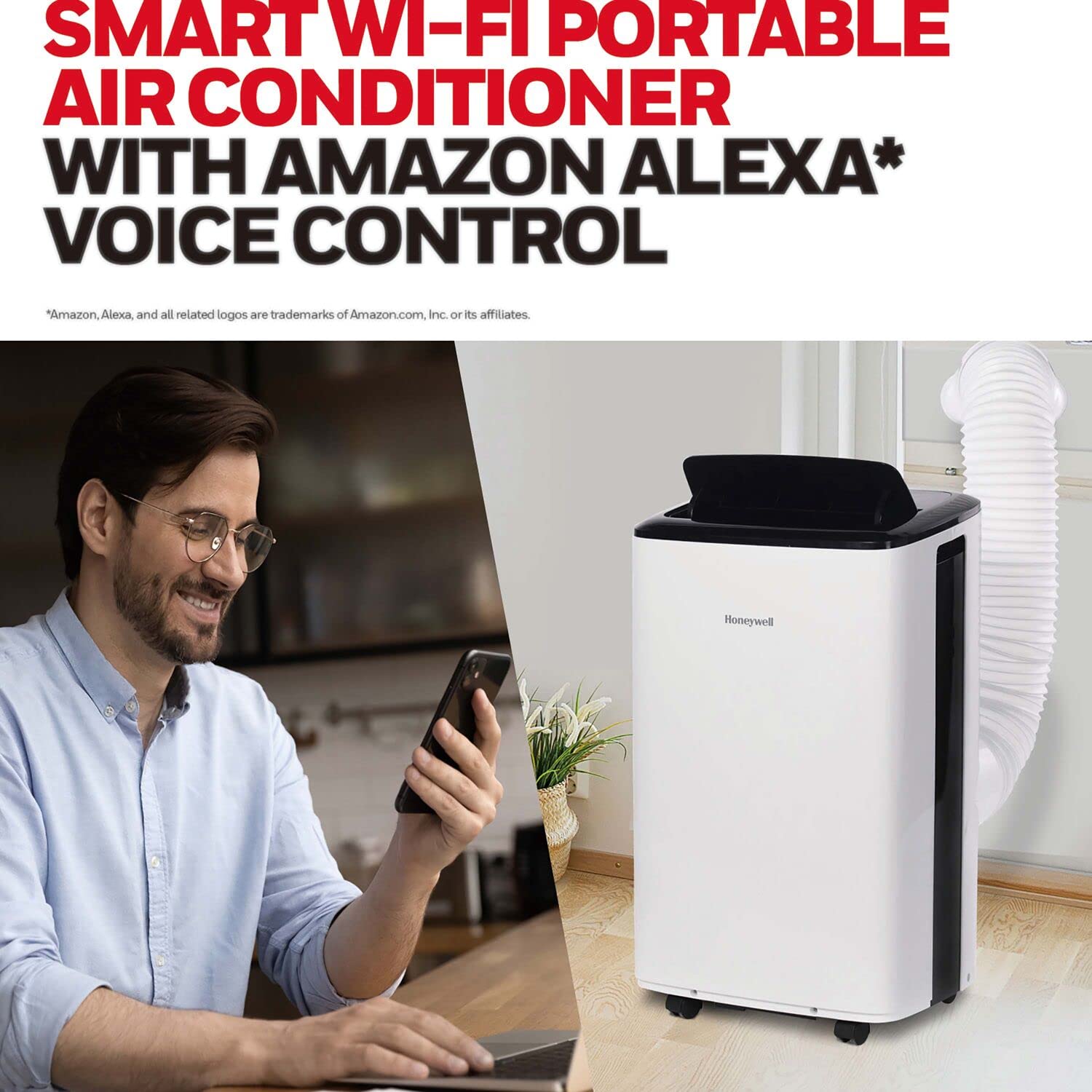 Honeywell Smart WiFi Portable Air Conditioner & Dehumidifier with Alexa Voice Control, Cools Rooms Up to 450 Sq. Ft, Includes Drain Pan & Insulation Tape, HF0CESVWK6
