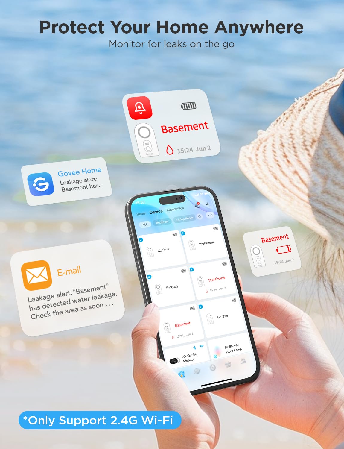 Govee WiFi Water Sensor 3 Pack, Water Leak Detector 100dB Adjustable Alarm and App Alerts, Leak and Drip Alert with Email, Wireless Detector for Home, Basement(Not Support 5G WiFi)