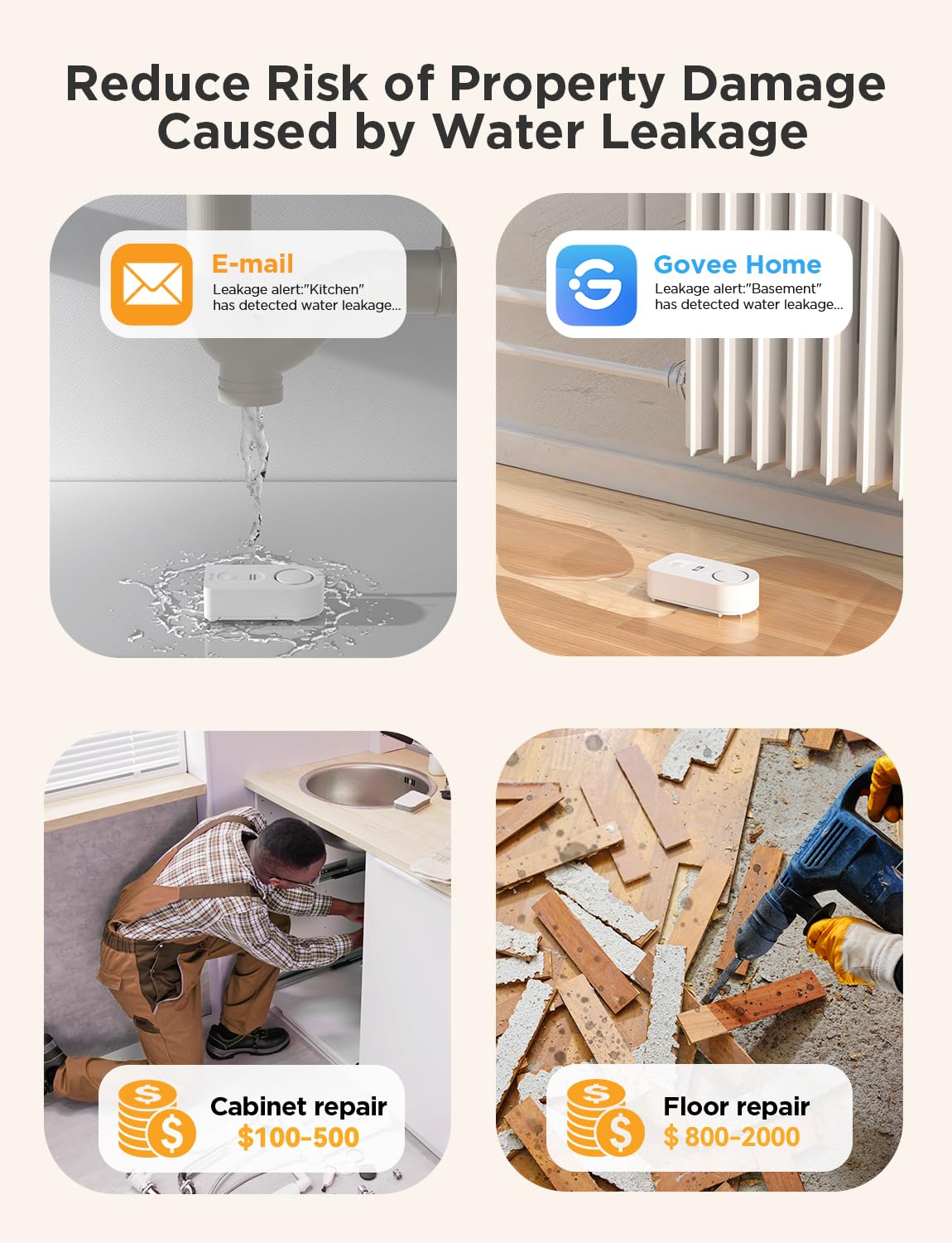 Govee WiFi Water Sensor 3 Pack, Water Leak Detector 100dB Adjustable Alarm and App Alerts, Leak and Drip Alert with Email, Wireless Detector for Home, Basement(Not Support 5G WiFi)