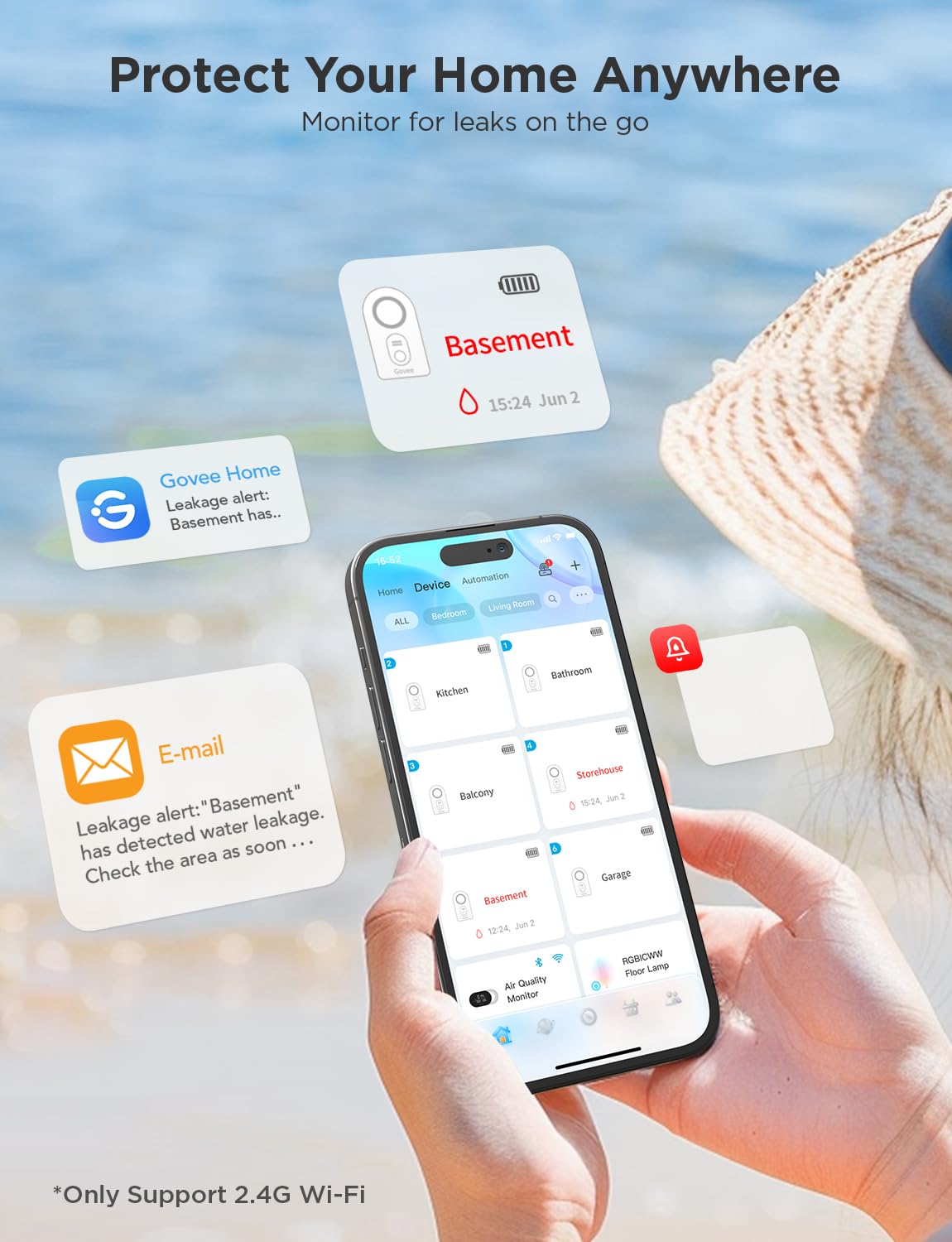 Govee WiFi Water Sensor 2 Pack, 100dB Adjustable Alarm and App Notifications, Leak and Drip Alerts by Email, Detector for Home, Bedrooms, Basement, Kitchen, Bathroom, Laundry(Not Support 5G WiFi)