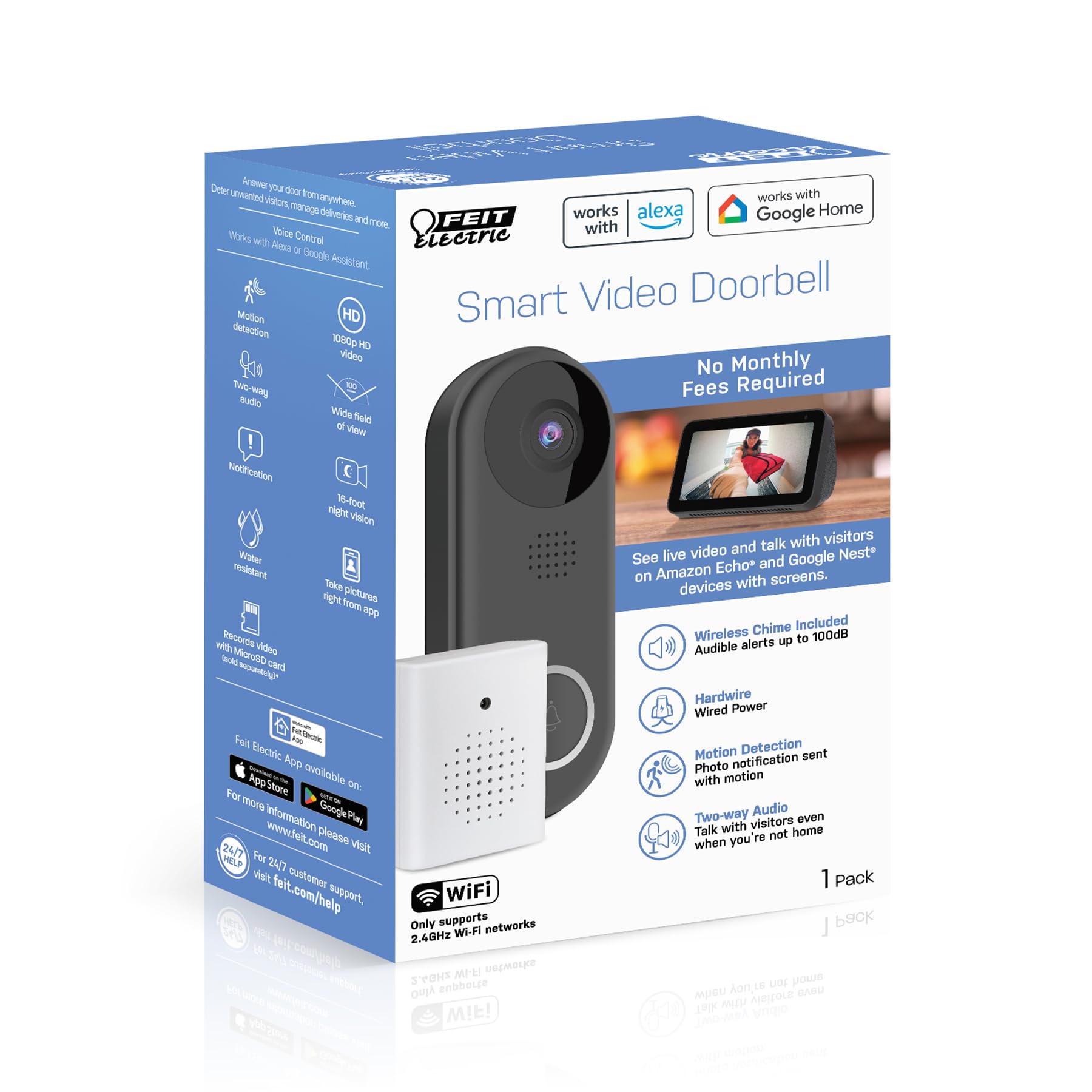 Feit Electric Doorbell Camera, Wireless Video Doorbell, 2.4 GHz WiFi, No Hub, Two-Way Audio, Motion Detection, Night Vision, 1080p HD, Micro SD Card Storage, Hardwired, CAM/Door/WiFi