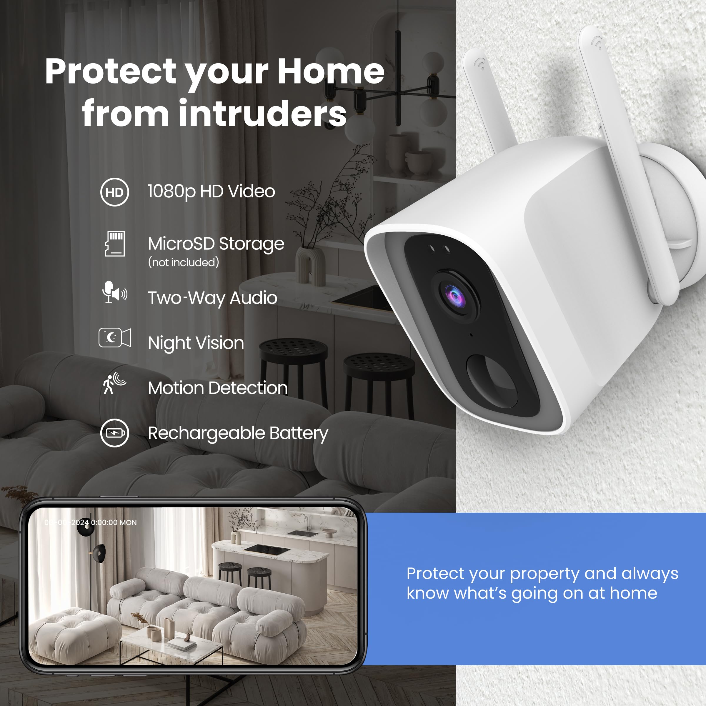 Feit Electric CAM/WM/WiFi/BAT 1080p HD Outdoor Battery Powered WiFi Smart Home Security Camera with Night Vision, 2-Way Audio, White