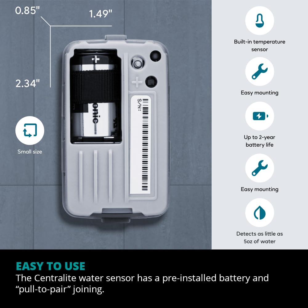 Centralite Water Leak Sensor - Monitors Your Whole Home for Leaks - Detects Water Leaks in the Kitchen, Bathroom, Basement, Or Laundry Room - Works With Smartthings, Hubitat, Ezlo, Vera, and Zigbee