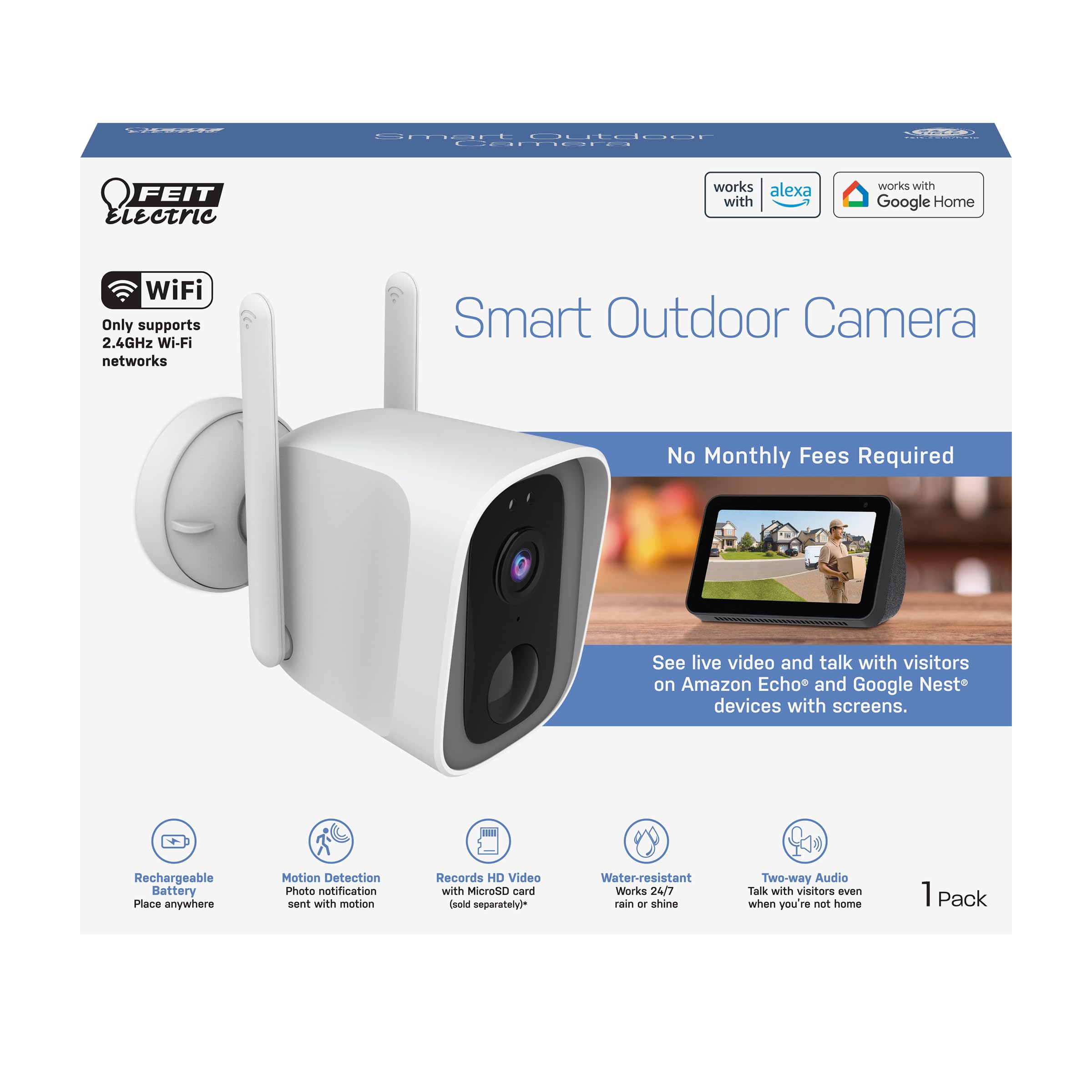 Feit Electric CAM/WM/WiFi/BAT 1080p HD Outdoor Battery Powered WiFi Smart Home Security Camera with Night Vision, 2-Way Audio, White