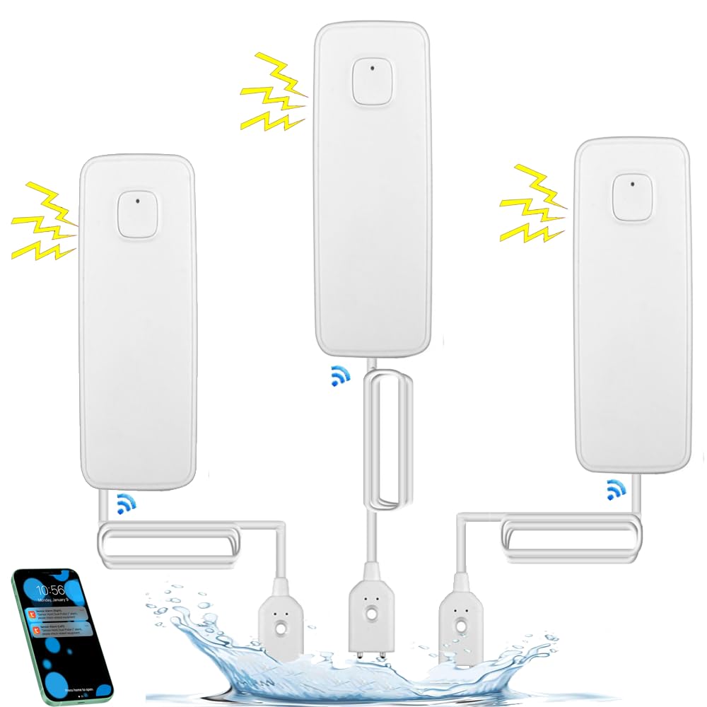 WiFi Water Sensor 100dB Alarm, Smart Water Leak Detector, Tuya APP Free Remote Monitoring of Leakage, 5.9FT Detection Line, Mute / 6 Ringtones Adjustable, Can Open SMS and Phone Notification Function