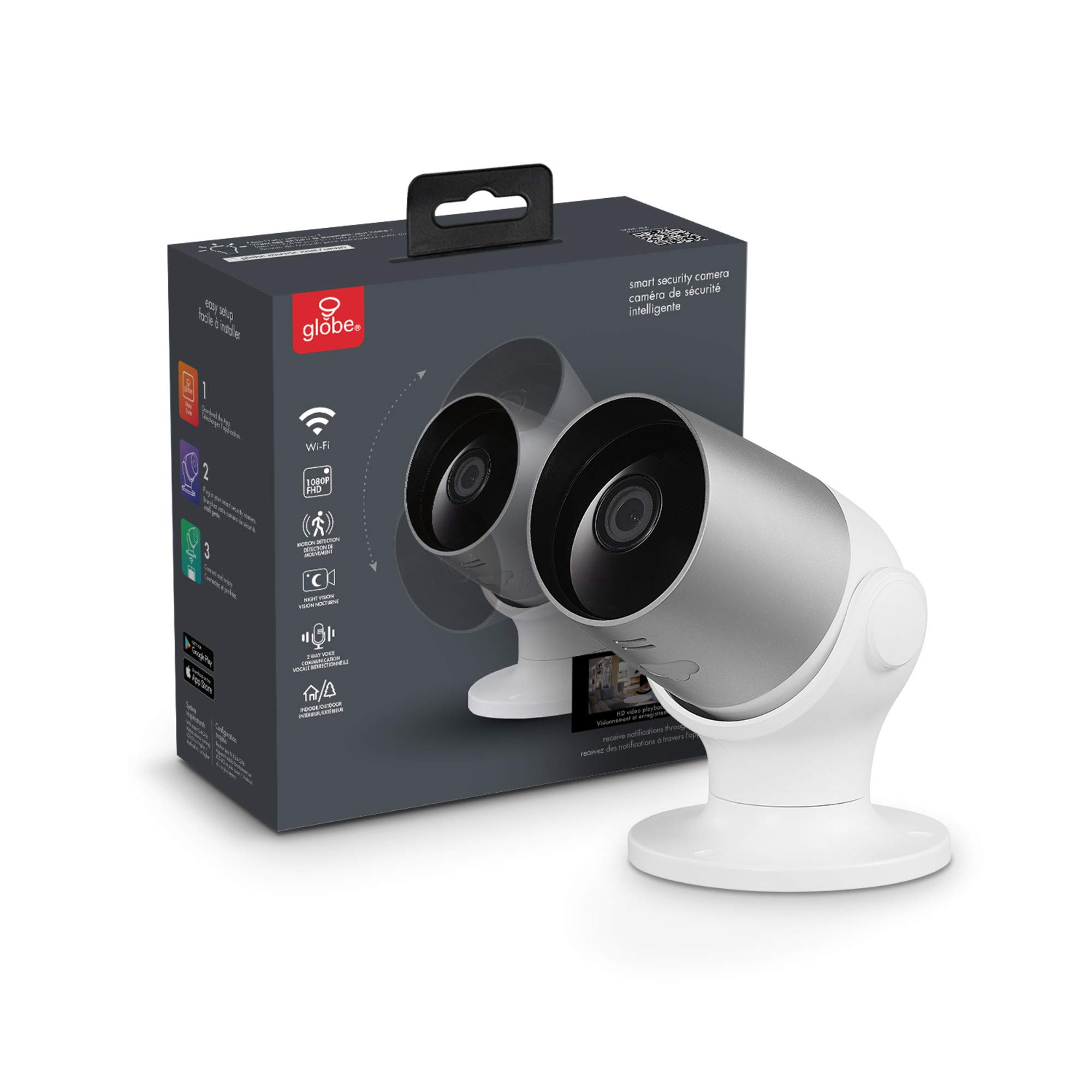 Globe Electric Wi-Fi Smart Indoor/Outdoor Security Camera, No Hub Required, Voice Activated, 1080p, Motion Detection, 2-Way Voice, Night Vision, Silver and White,50108