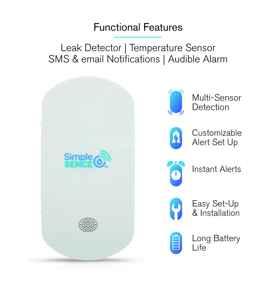 SimpleSENCE Water Leak and Freeze Detector, Smart WiFi Water and Freeze Sensor with Audible Alarm and Text & E-Mail Notification. Continuous Monitoring for Your Home and Investment Property (1 Pack).