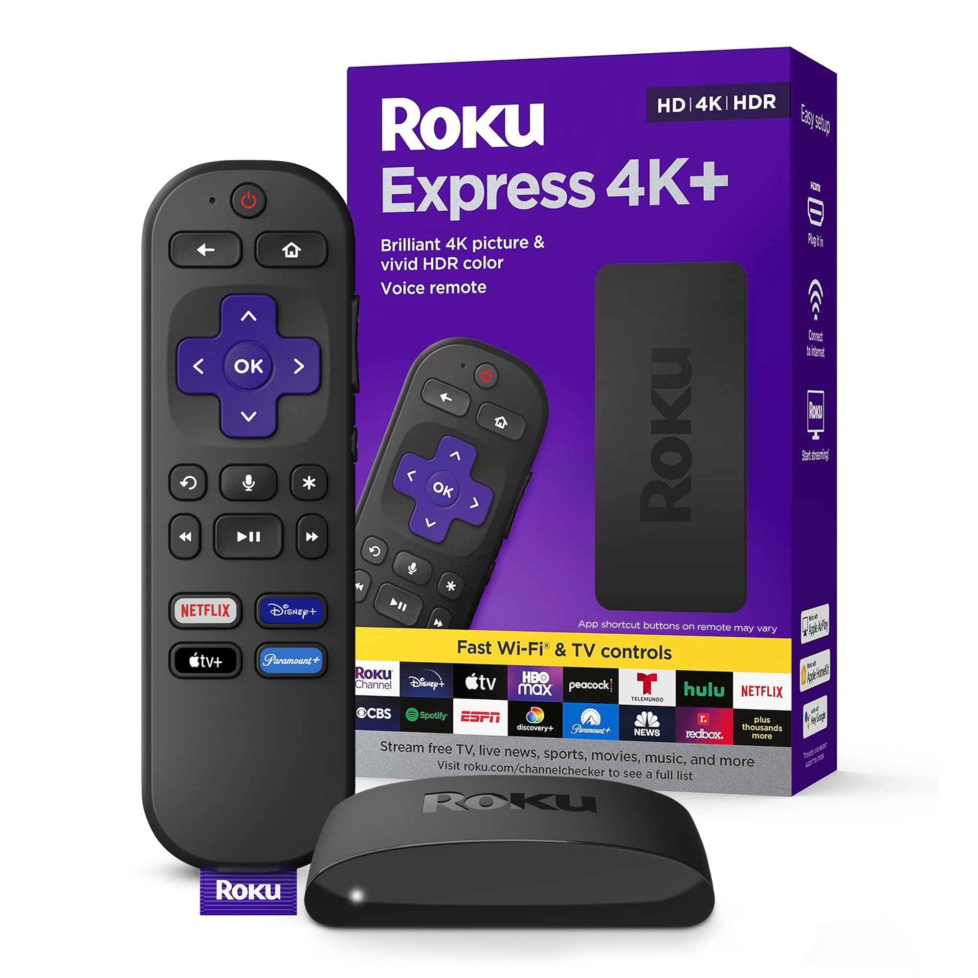 Roku Express 4K+ | Streaming Media Player HD/4K/HDR with Smooth Wireless Streaming and Roku Voice Remote with TV Controls, Includes Premium HDMI® Cable
