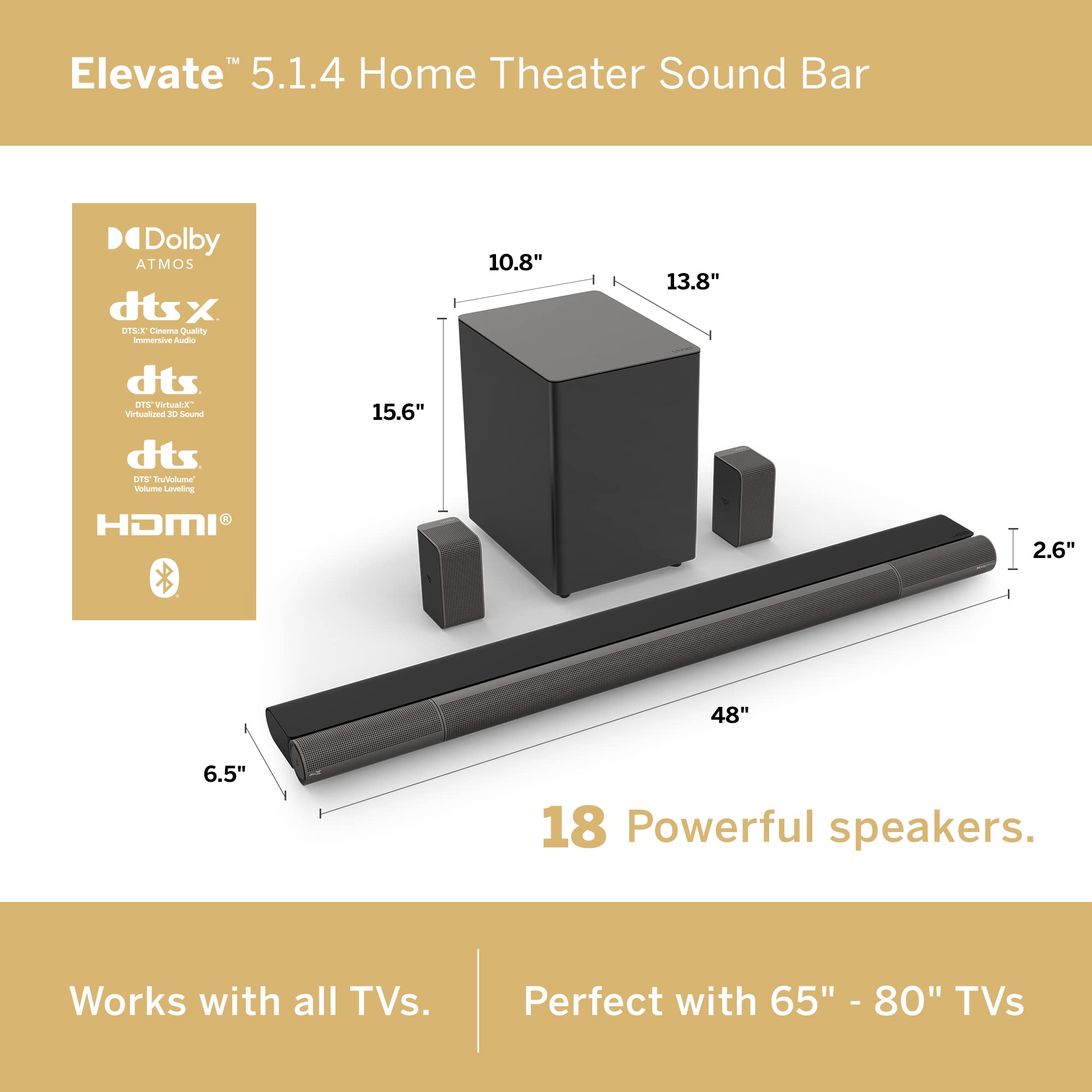 VIZIO Elevate Sound Bar for TV, Home Theater Surround Sound System for TV with Subwoofer and Bluetooth, P514a-H6 5.1.4