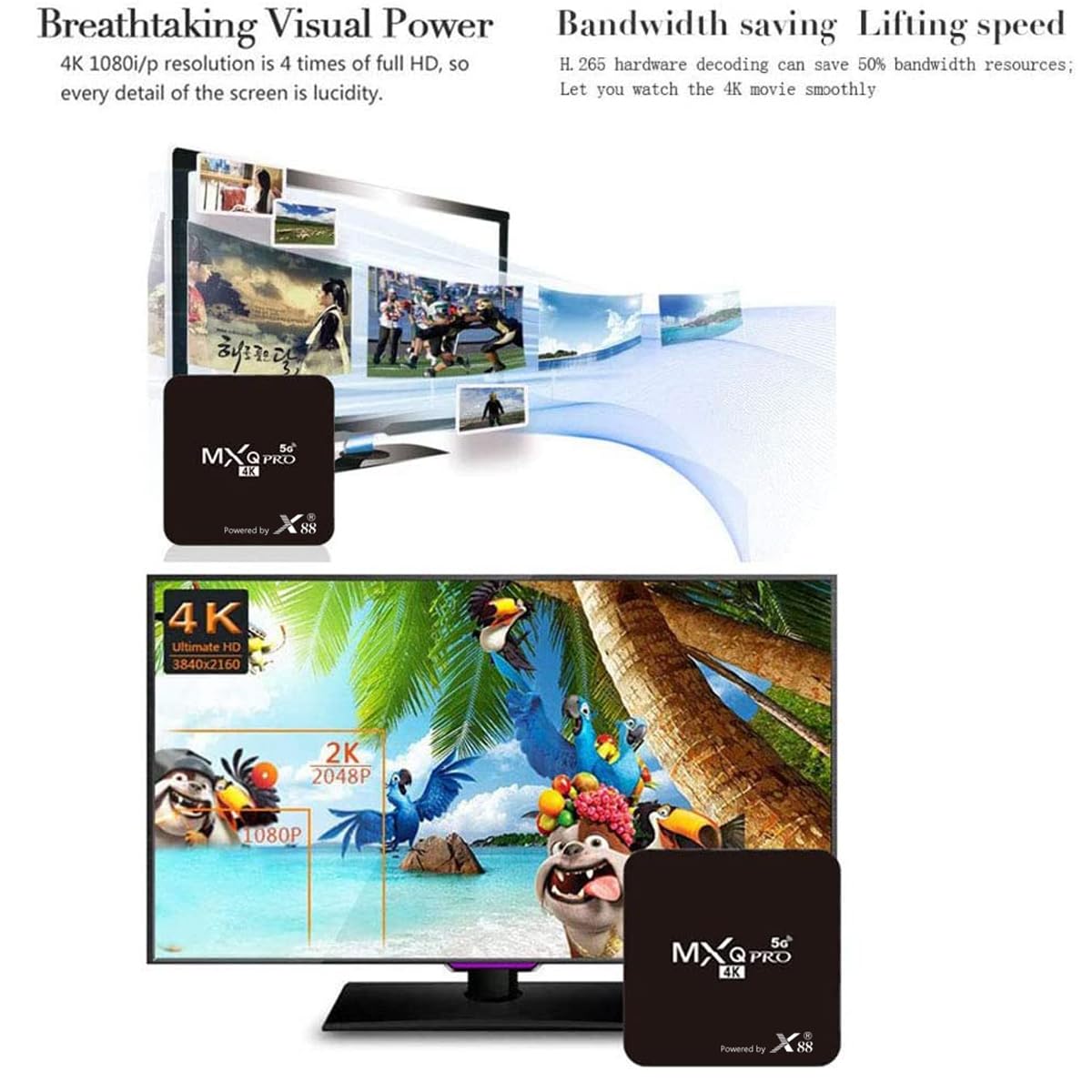 MXQ Pro 5G Android 11.1 TV Box 2023 Upgraded Version Ram 2GB ROM 16GB Android Smart Box H.265 HD 3D Dual Band 2.4G/5.8G WiFi Quad Core Home Media Player