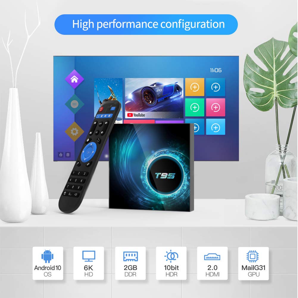 T95 Android 10.0 TV Box, YAGALA Android Box with Allwinner H616 Quad-Core 64bit ARM Corter-A53 CPU Mali G31 MP2 GPU 2GB RAM 16GB ROM 6K 4K Output 2.4GHz+5GHz WiFi 100M LAN Enternet BT5.0