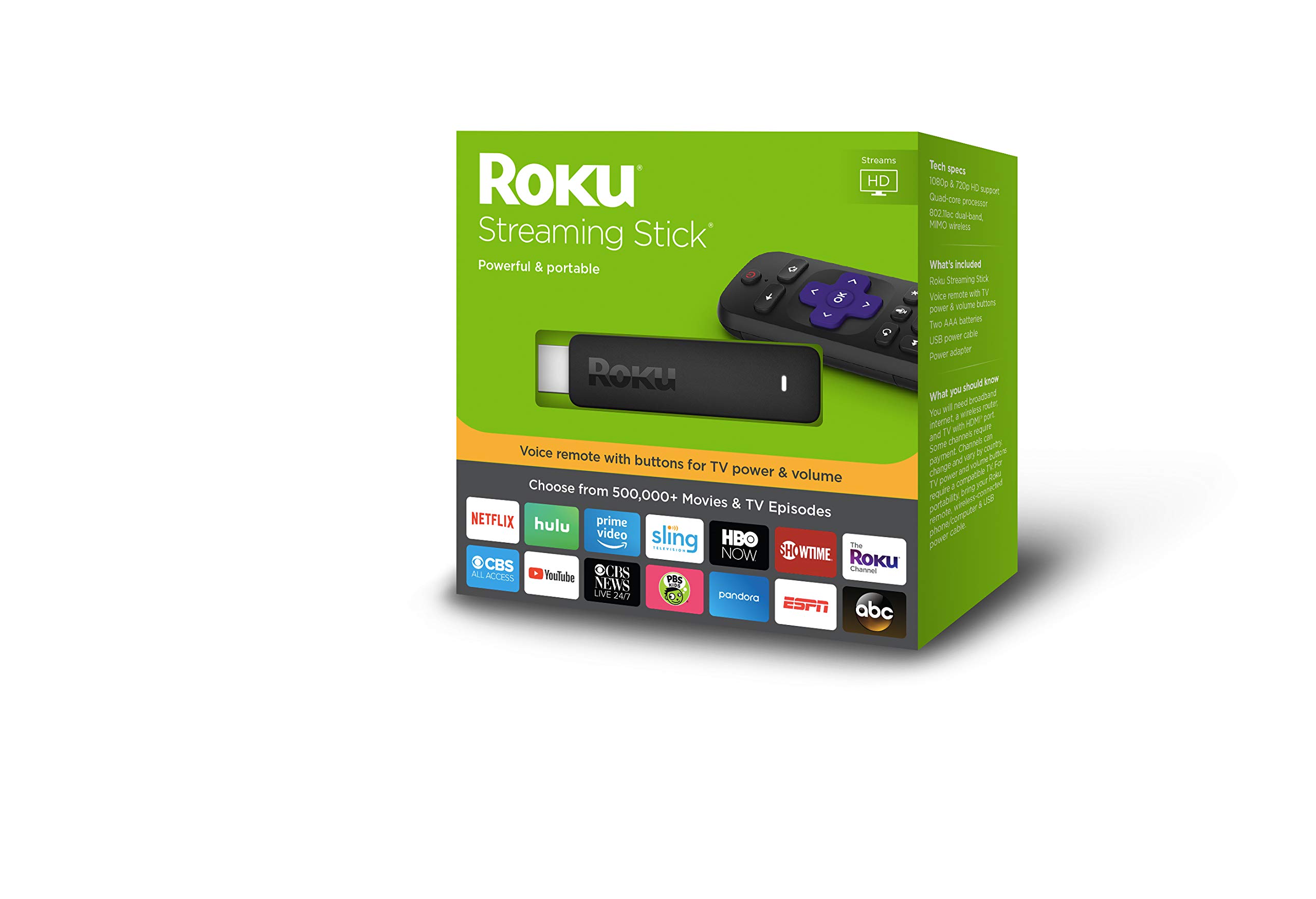 Roku Streaming Stick | Portable; Power-Packed Streaming Device with Voice Remote with Buttons for TV Power and Volume (2018)