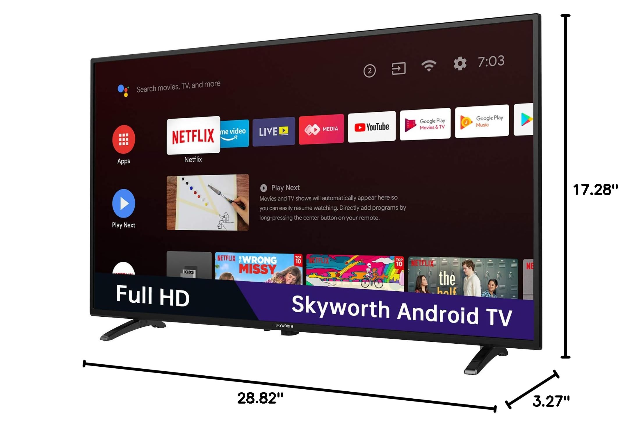 Skyworth S3G 32-inch 720p HD LED Smart Android TV with Google Assistant and Chromecast Built-in, for Outdoor Bedroom Garage RV