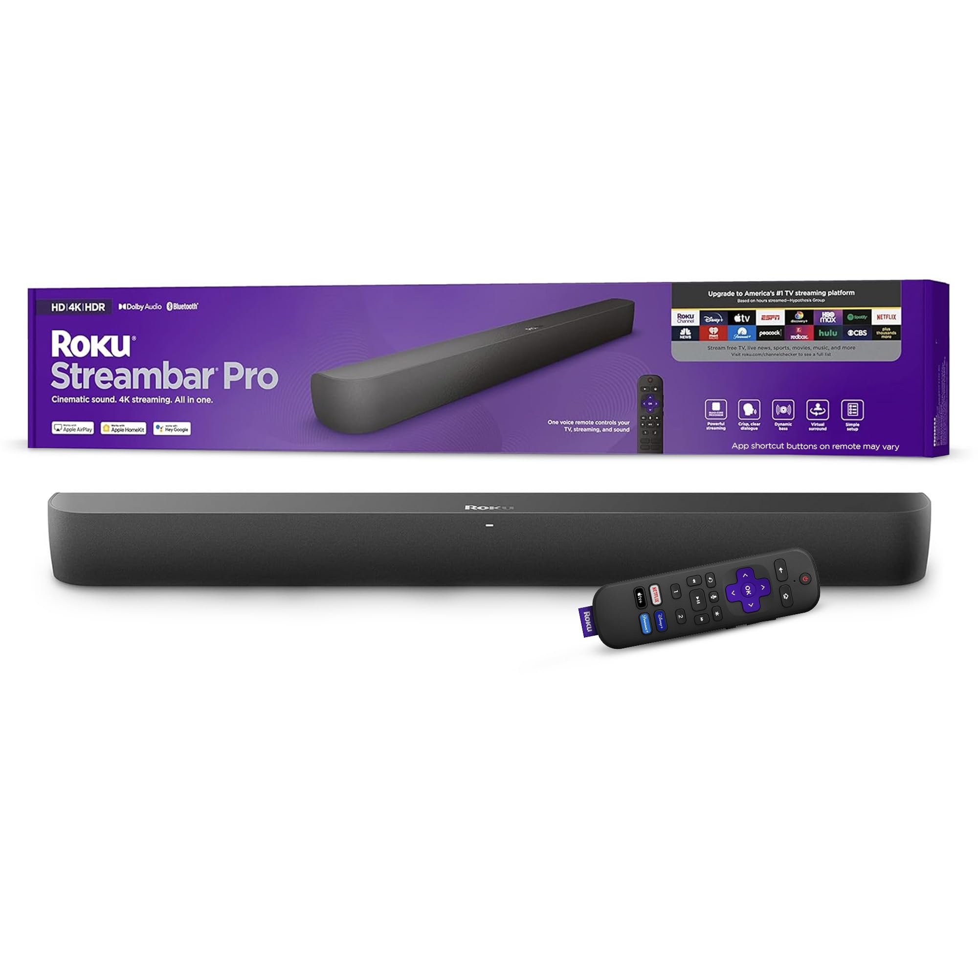 Roku Streambar Pro | 4K/HD/HDR Streaming Media Player & Cinematic Sound, All In One, includes Roku Voice Remote with Headphone Jack for Private Listening, Personal Shortcut Buttons, and TV Controls