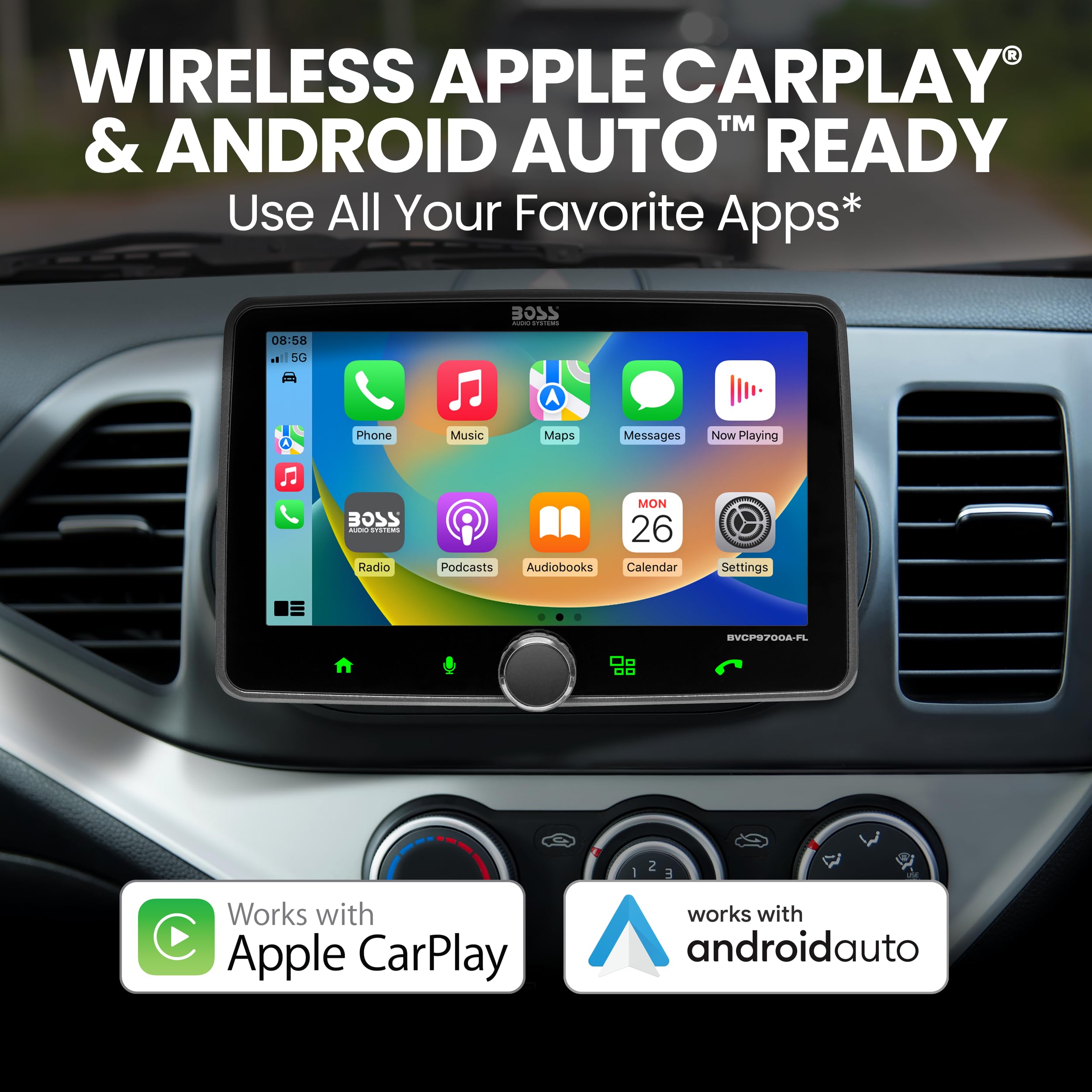 BOSS Audio Systems BVCP9700A-FL Car Audio Stereo System - Apple CarPlay, Android Auto, 7 Inch Single Din, Capacitive Touchscreen, Bluetooth Audio and Calling Head Unit, Radio Receiver, No CD Player