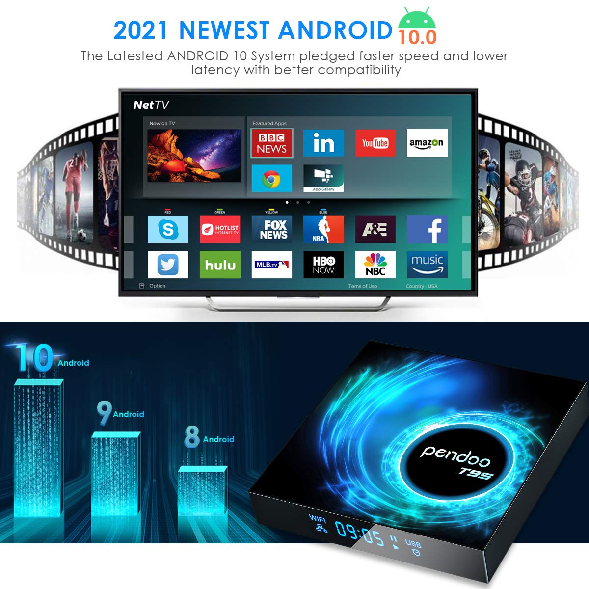 Android TV Box 10.0 4GB RAM 128GB ROM, 2021 Upgraded Pendoo T95 Android TV Box Allwinner H616 2.4G/5.8GHz WiFi Bluetooth, Android Box 10.0 with Wireless Mini Keyboard Ultra HD 6K HDR TV Box.
