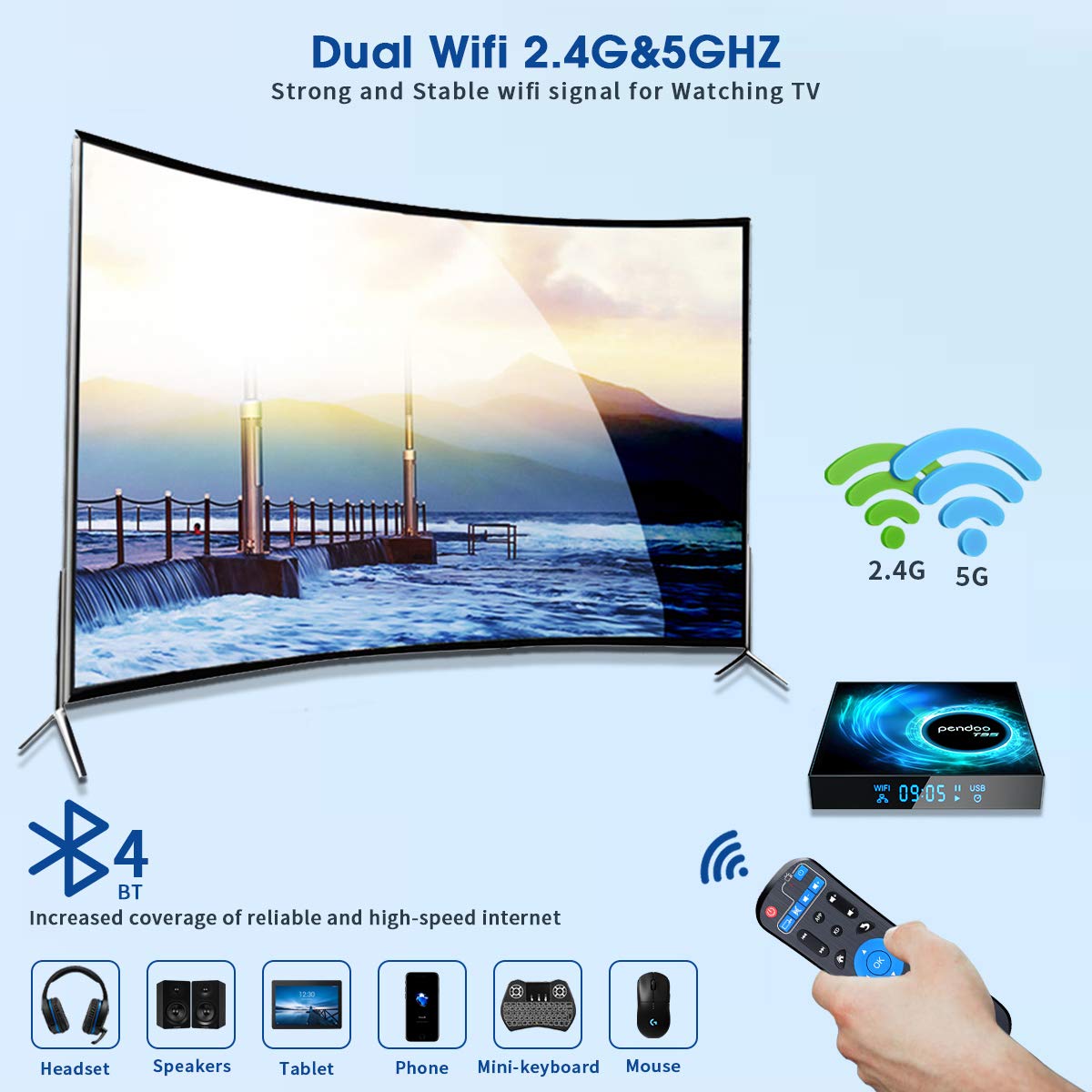 Android TV Box 10.0 4GB RAM 128GB ROM, 2021 Upgraded Pendoo T95 Android TV Box Allwinner H616 2.4G/5.8GHz WiFi Bluetooth, Android Box 10.0 with Wireless Mini Keyboard Ultra HD 6K HDR TV Box.
