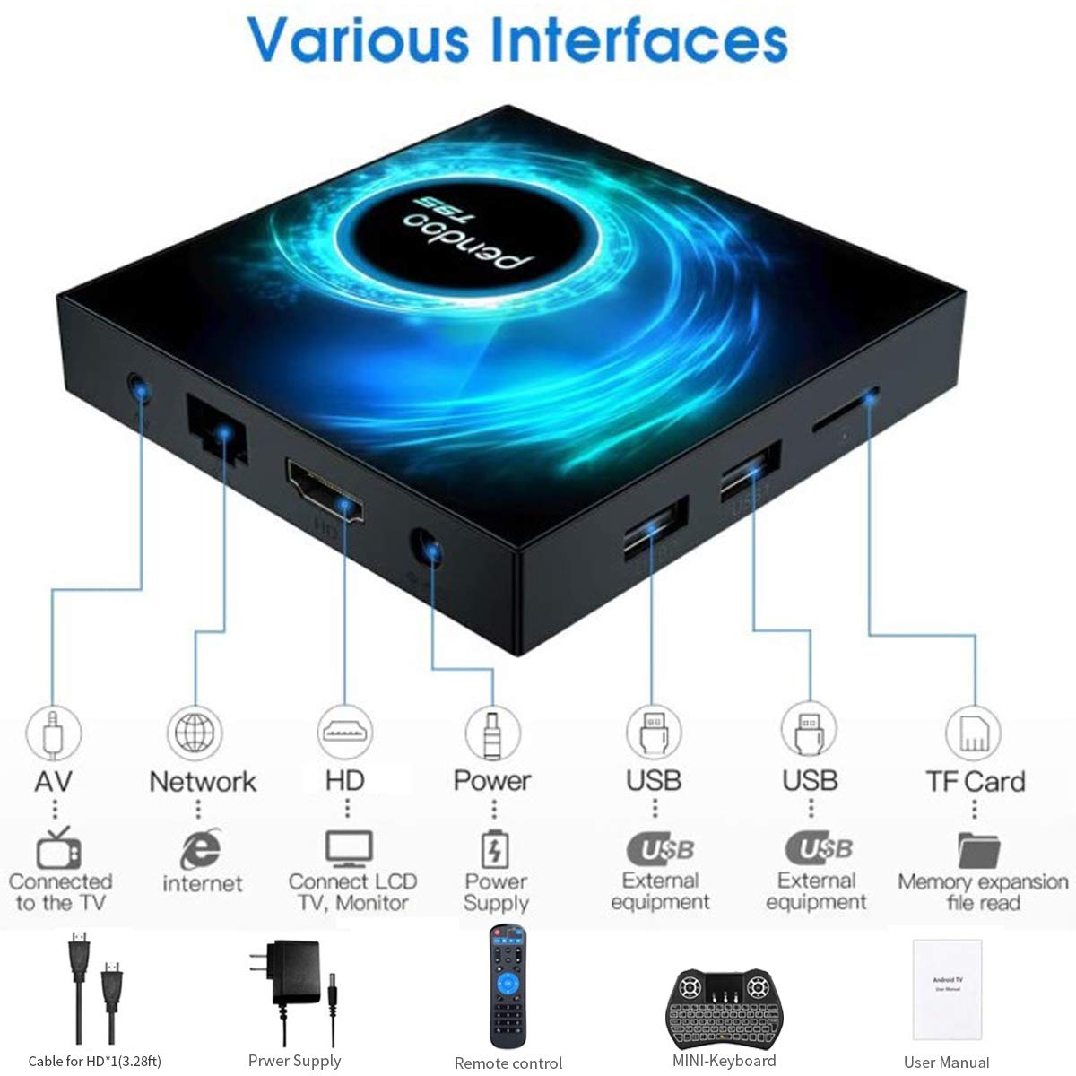 Android TV Box 10.0 4GB RAM 128GB ROM, 2021 Upgraded Pendoo T95 Android TV Box Allwinner H616 2.4G/5.8GHz WiFi Bluetooth, Android Box 10.0 with Wireless Mini Keyboard Ultra HD 6K HDR TV Box.