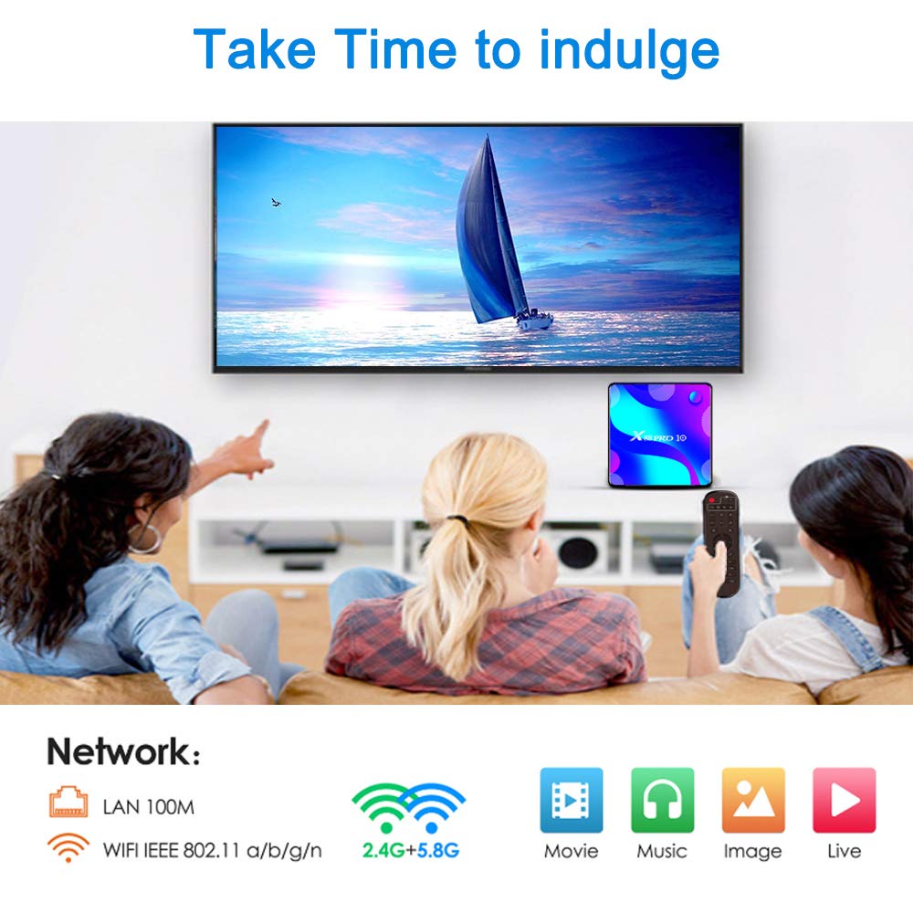 Android 11.0 TV Box, 4GB RAM 32GB ROM RK3318 Quad-Core Support 2.4G/5.8G Dual WiFi Bluetooth 4.0 Ethernet LNA 3D 4K