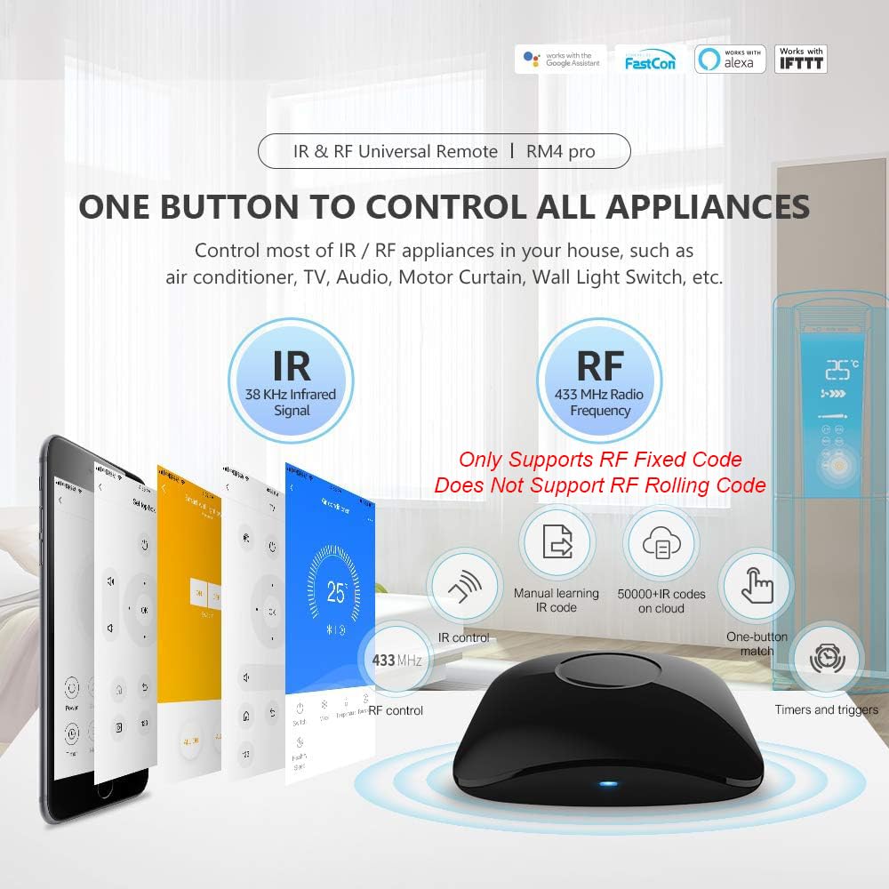BroadLink RM4 pro Smart Remote and Sensor Cable Set RM4 pro S, Universal IR RF Remote Control Hub with Temperature Humidity Monitor USB Cable, Works with Alexa, Google Home, IFTTT